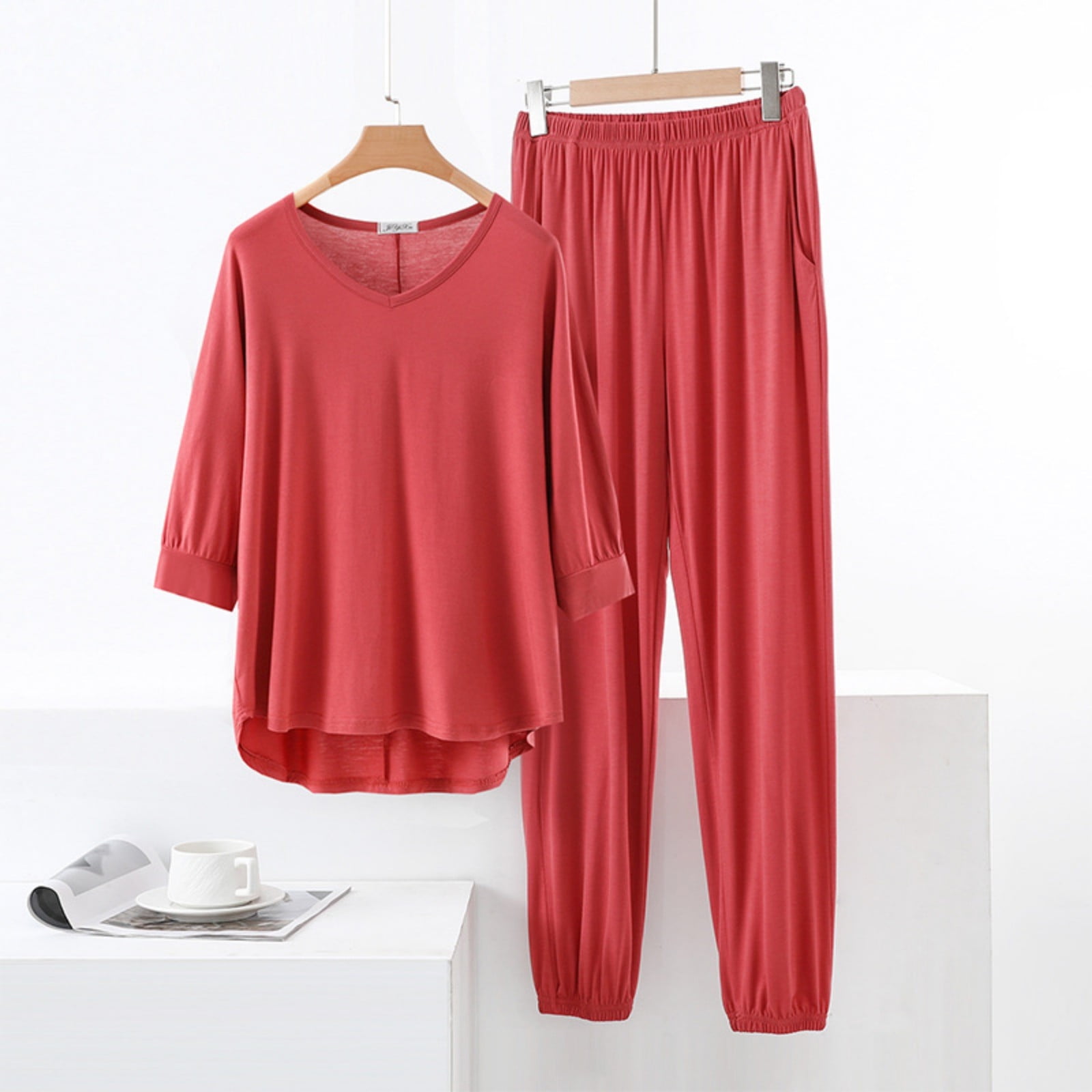 Dressy Fall Solid Color 2 Piece Pajamas for Women Outfits Basic 3/4 ...