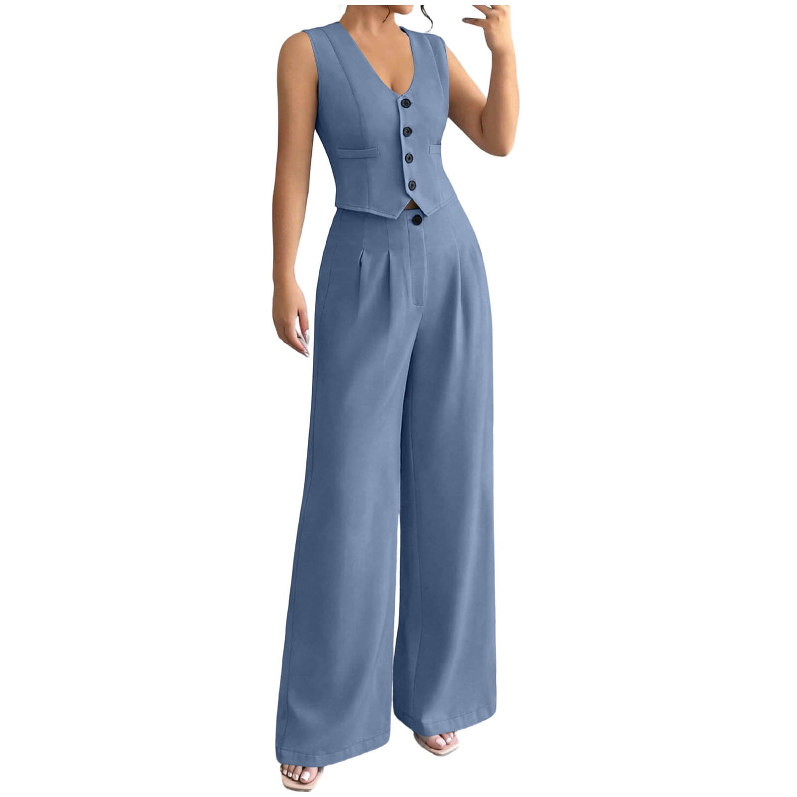 Dressy Pant Suits for Women Summer V Neck Crop Blazer Vest with Wide ...