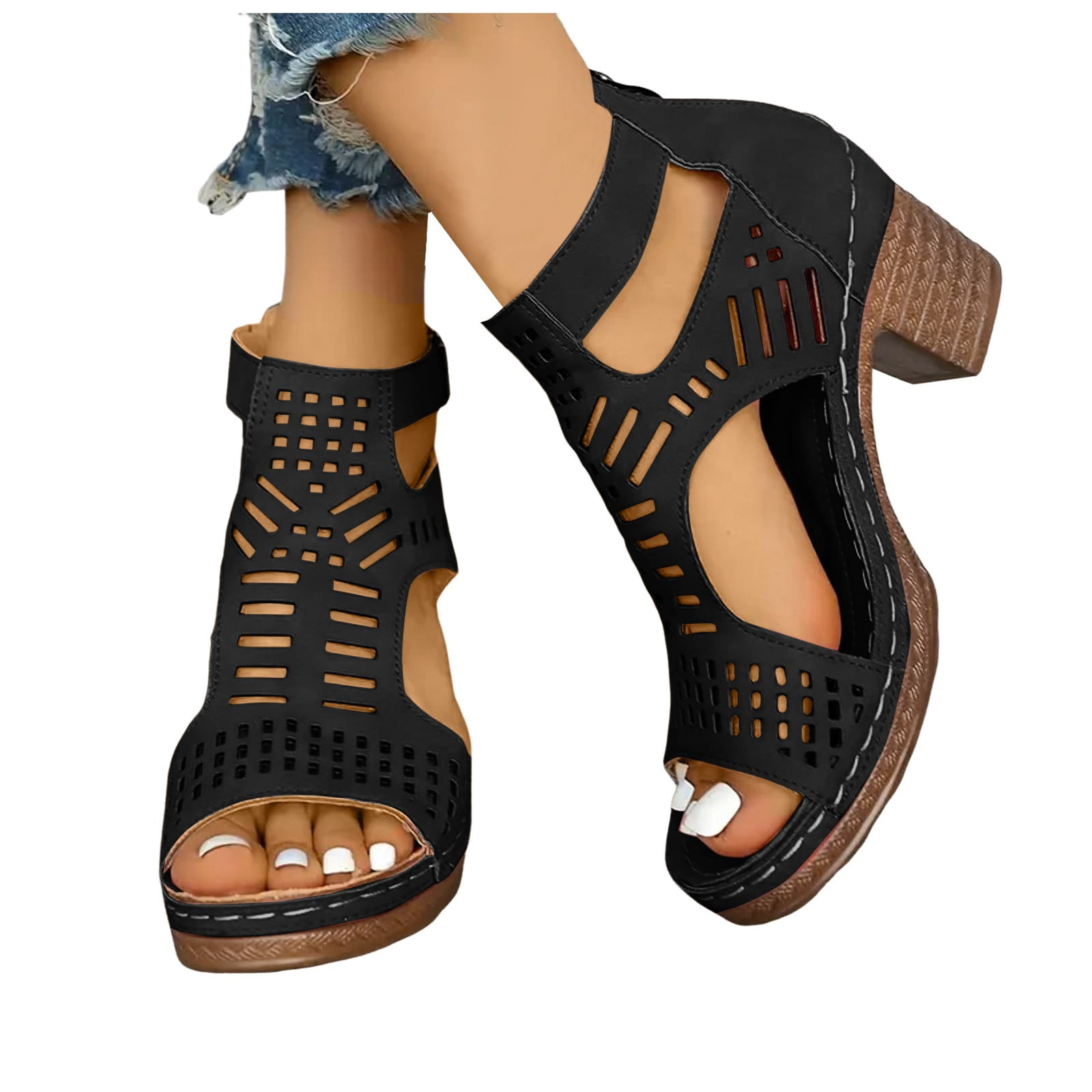 Dressy Sandals for Women 2025 Roman Hollow Peep Toe Chunky Block High ...