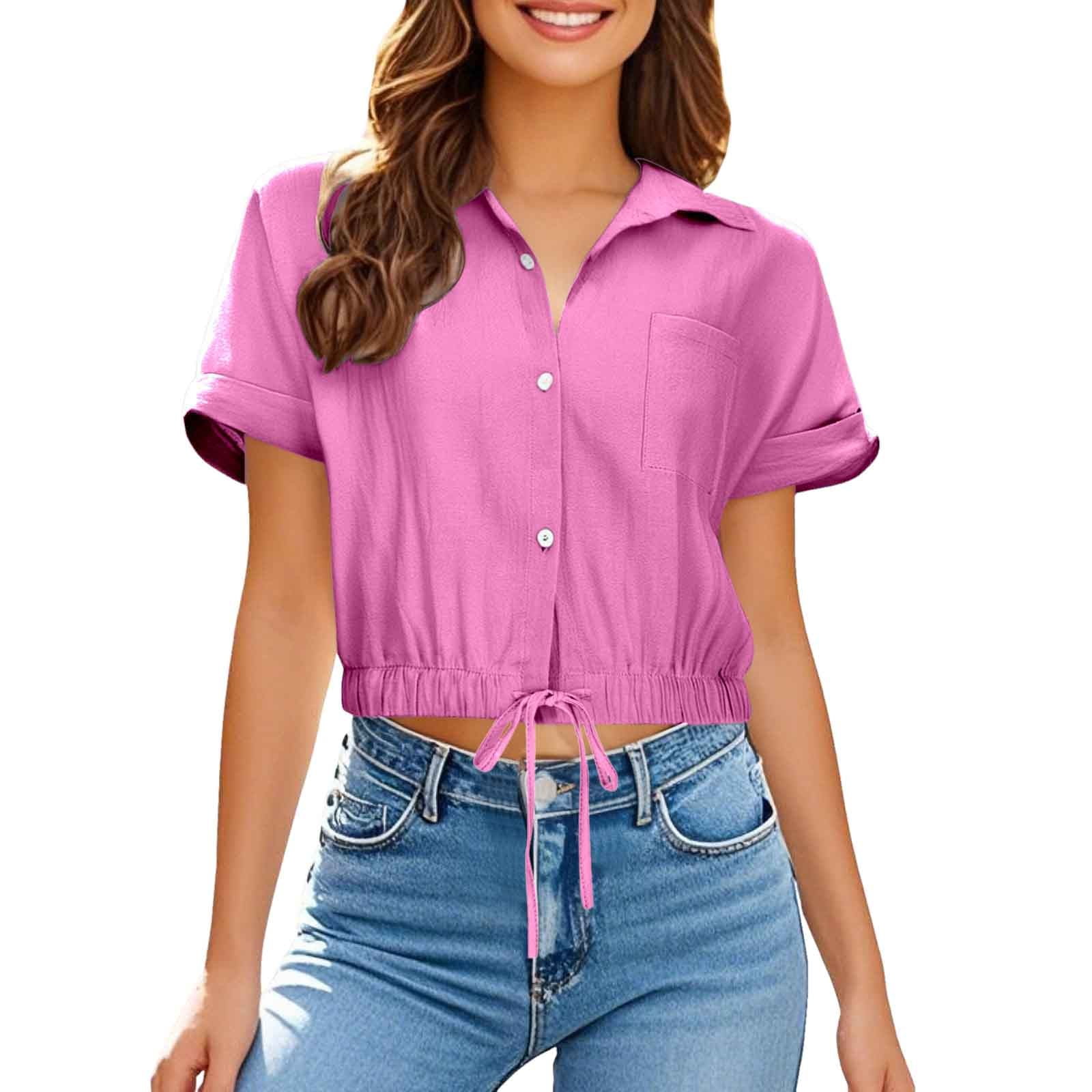 Dressy Shirts for Women Short Sleeve Solid Color Button Down Blouses ...
