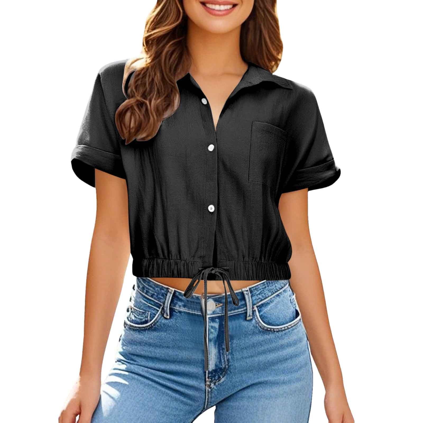 Dressy Shirts for Women Short Sleeve Solid Color Button Down Blouses ...