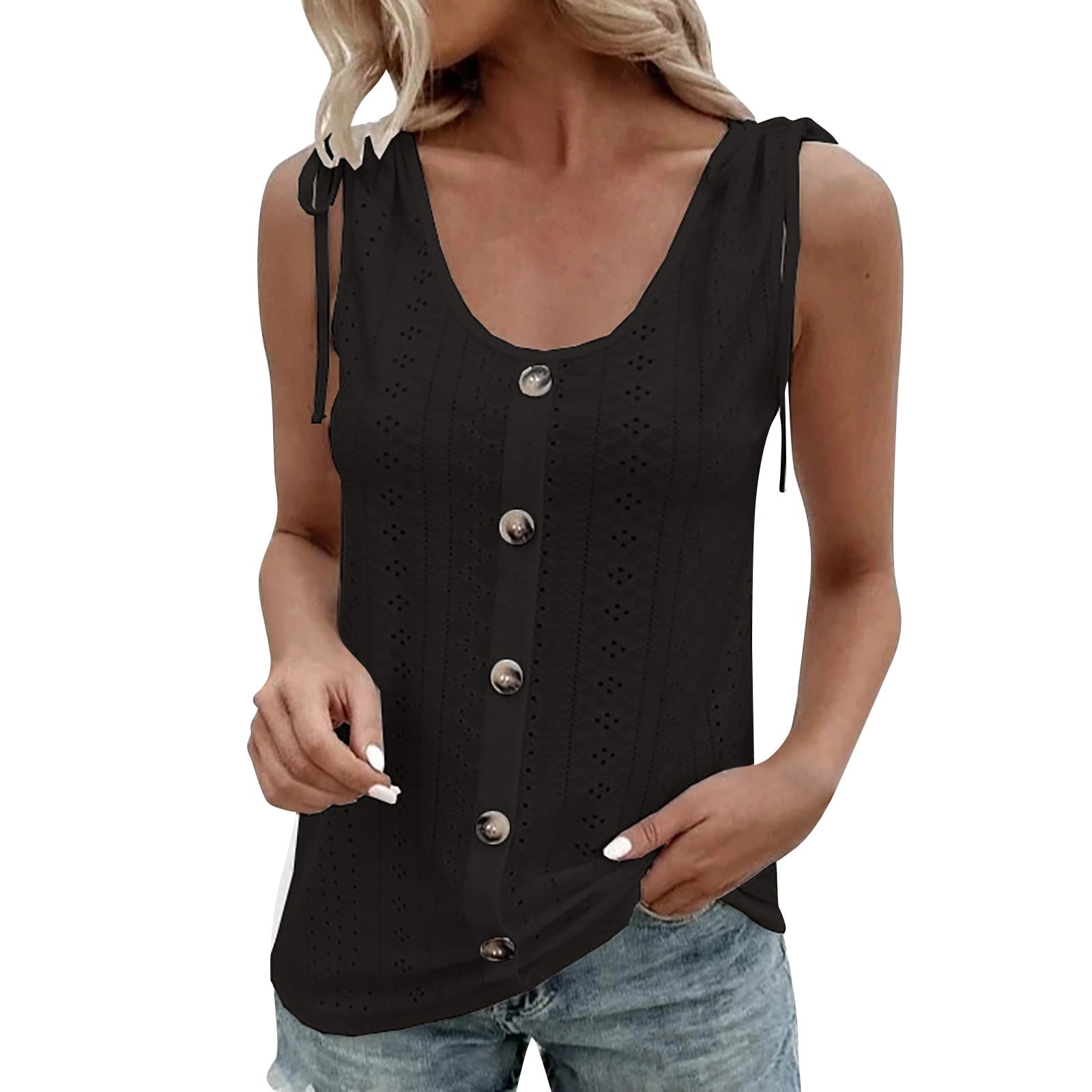 KDFJPTH Dressy Tops For Women Loose U Neck Sleeveless Pure Color Pleated Eyelet Vest Tee Black ...