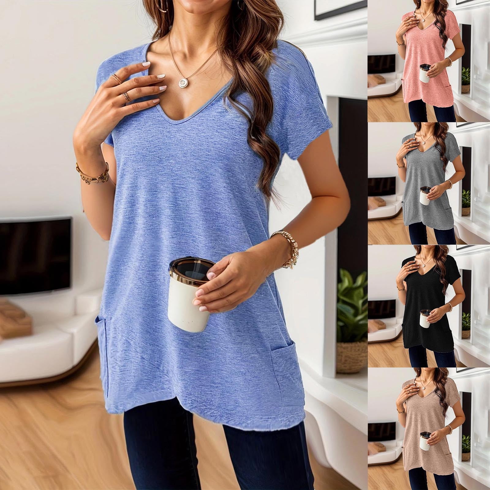 Dressy Tops for Women Solid Color Pocket Overlapping Hem Short Sleeved ...