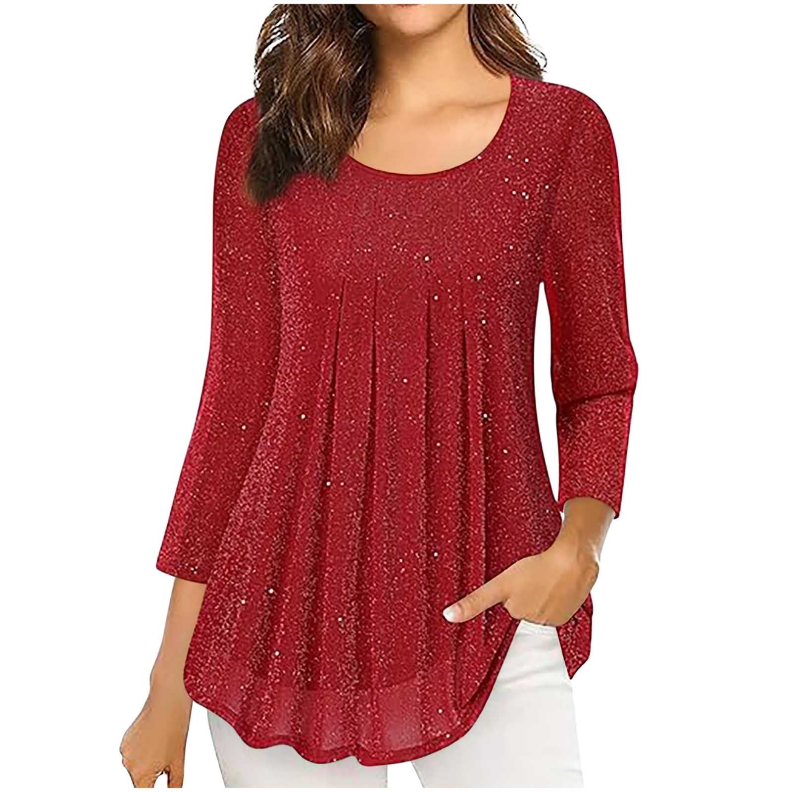 Dressy Tops for Women, Women's Pleated 3/4 Sleeve Glitter Shirts Casual ...