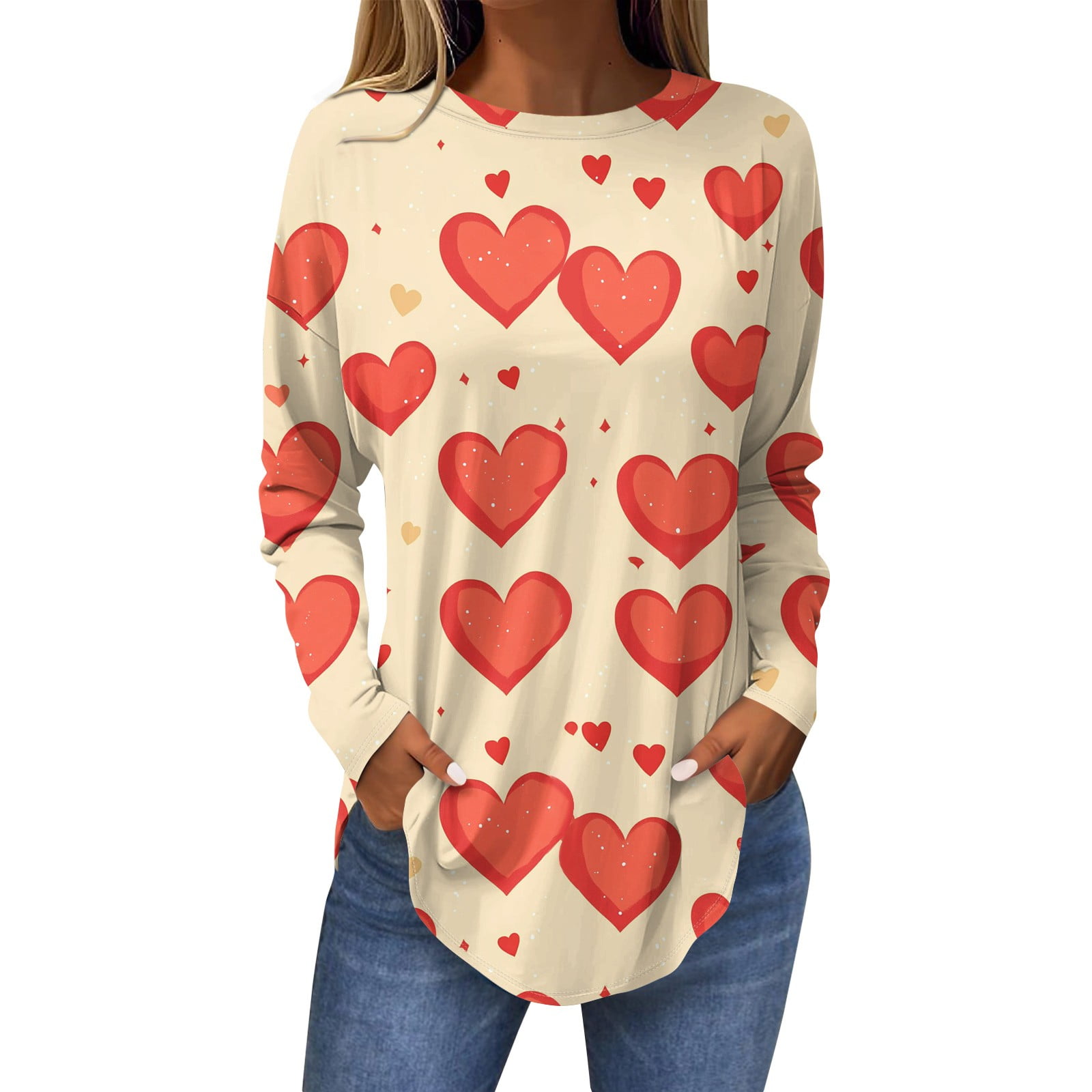 Dressy Valentines Day Tops for Women Crew Neck Heart Print Shirt for Womens Funny Graphic Loose ...