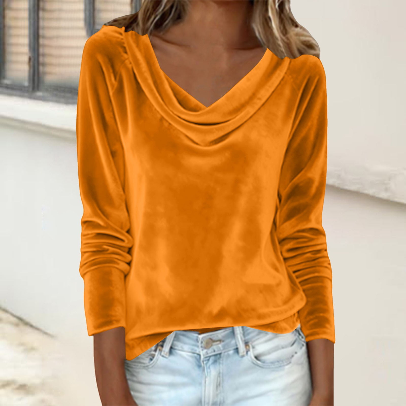 Dressy Velvet Tops For Women Cowl Neck Pleated Long Sleeve Sparkly ...