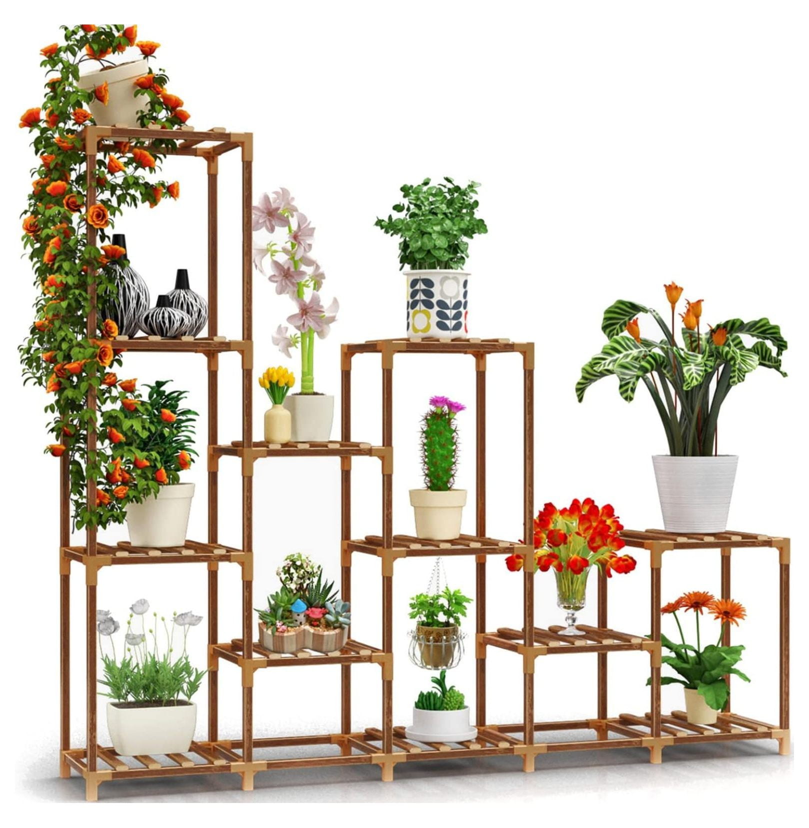 Drevy 12 Tiers Plant Stand Indoor Outdoor, Large Wooden Plant Shelf ...