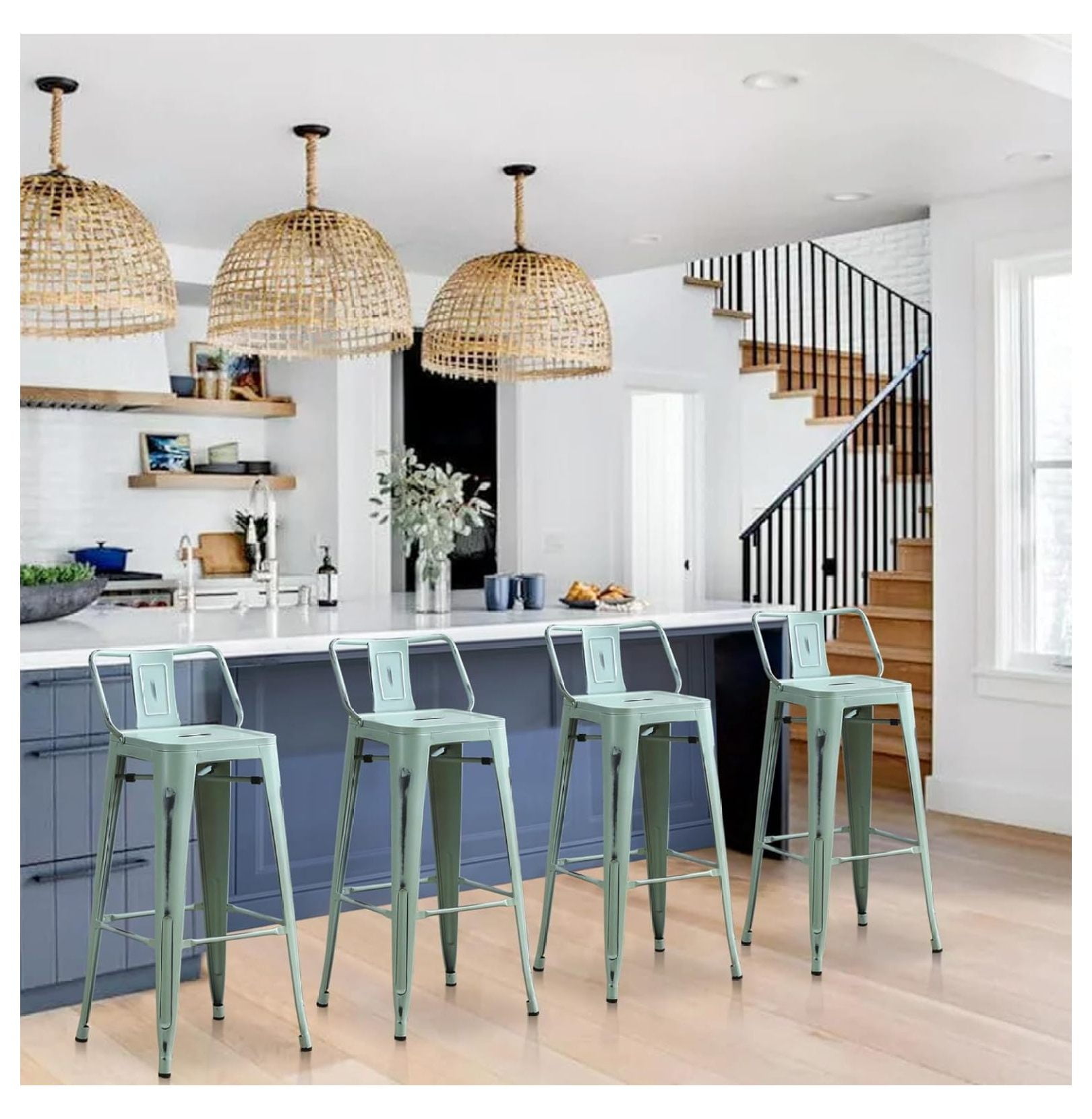 Drevy 26" Low Back Distressed Green-Blue Bar Stools Metal Barstools ...