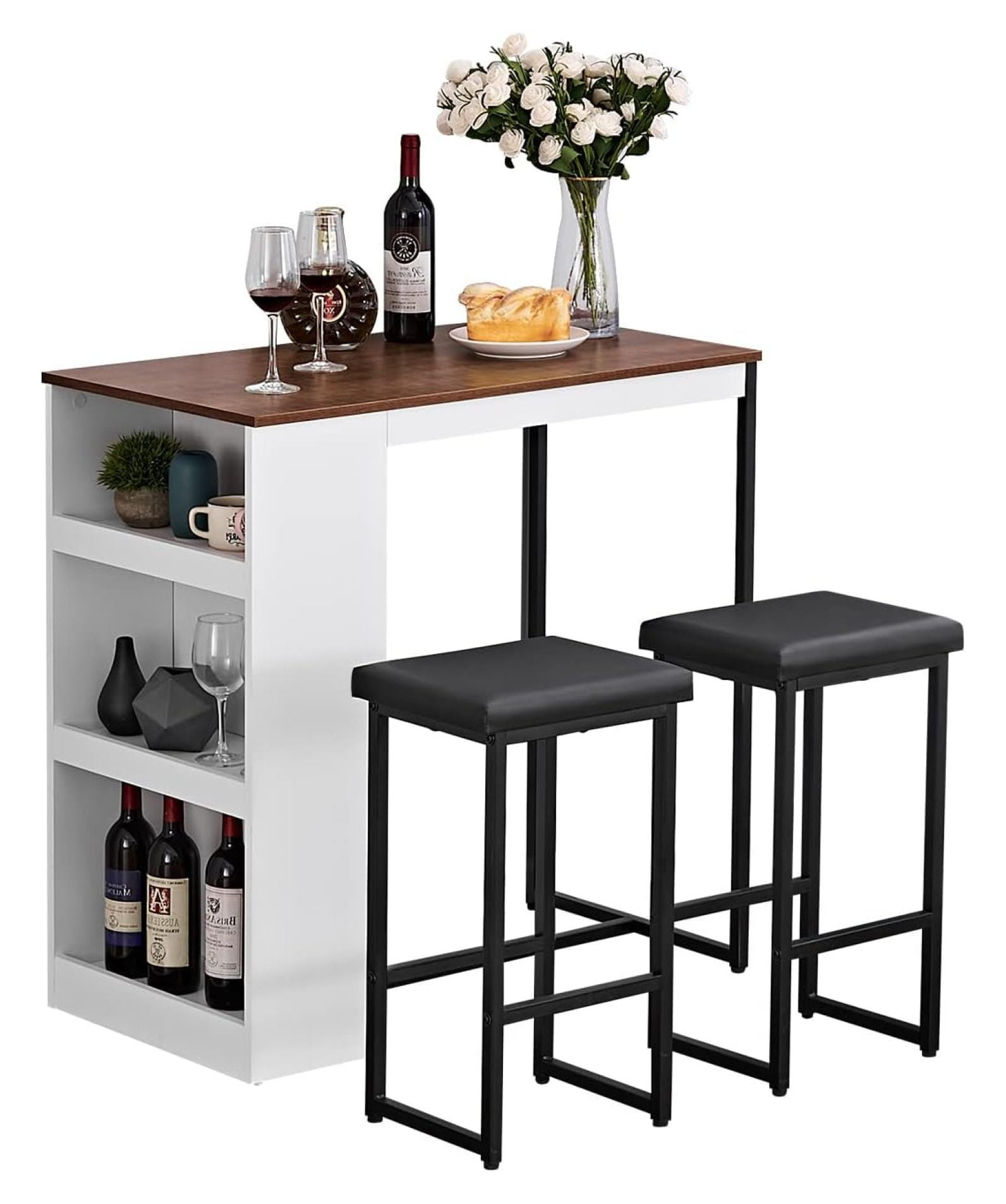 Drevy 3 Piece Dining Table Set Kitchen Bar Table with Two Stool Storage ...