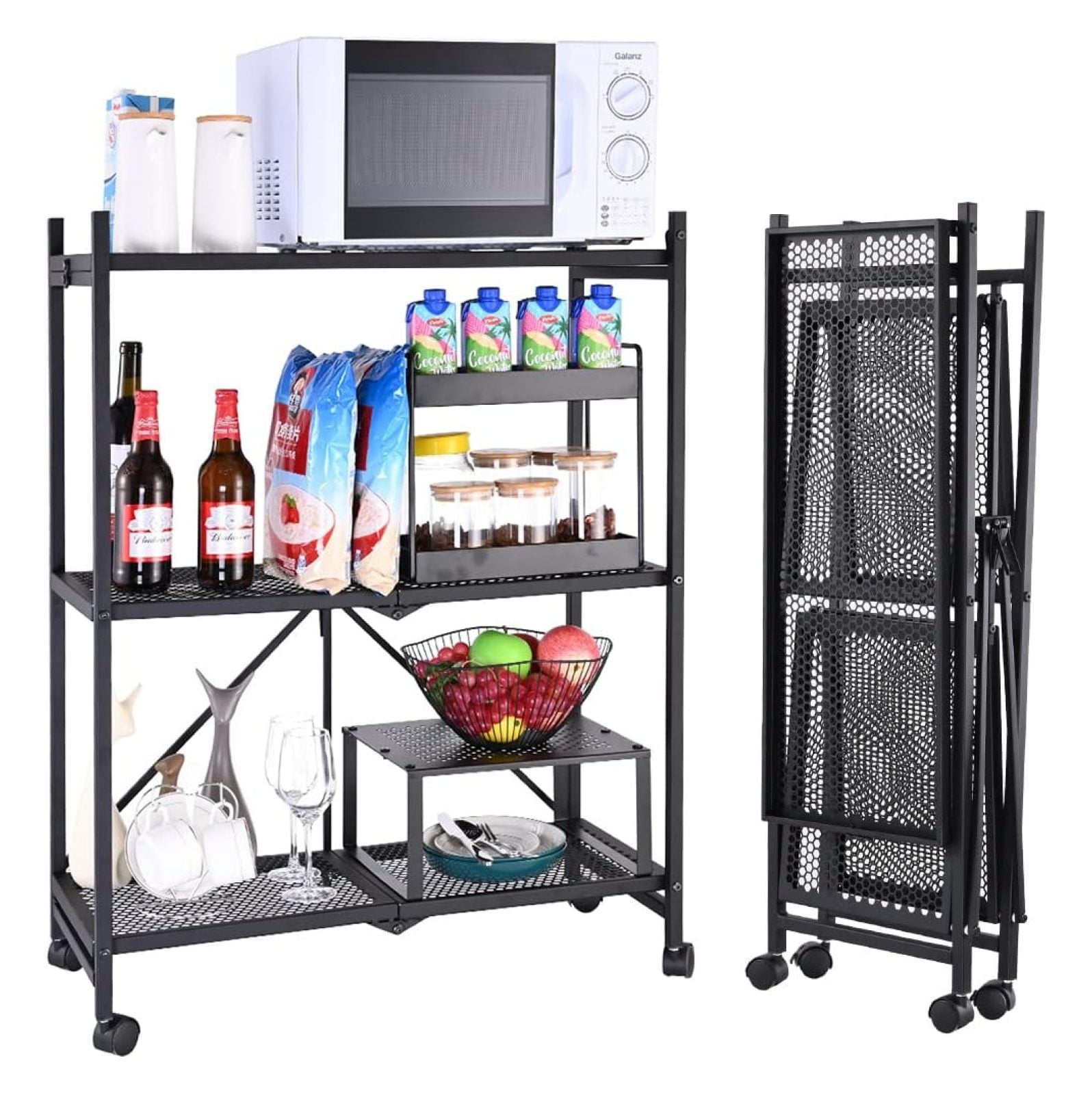 Drevy 3-Shelf Foldable Storage Shelves with Wheels, Large Capacity ...