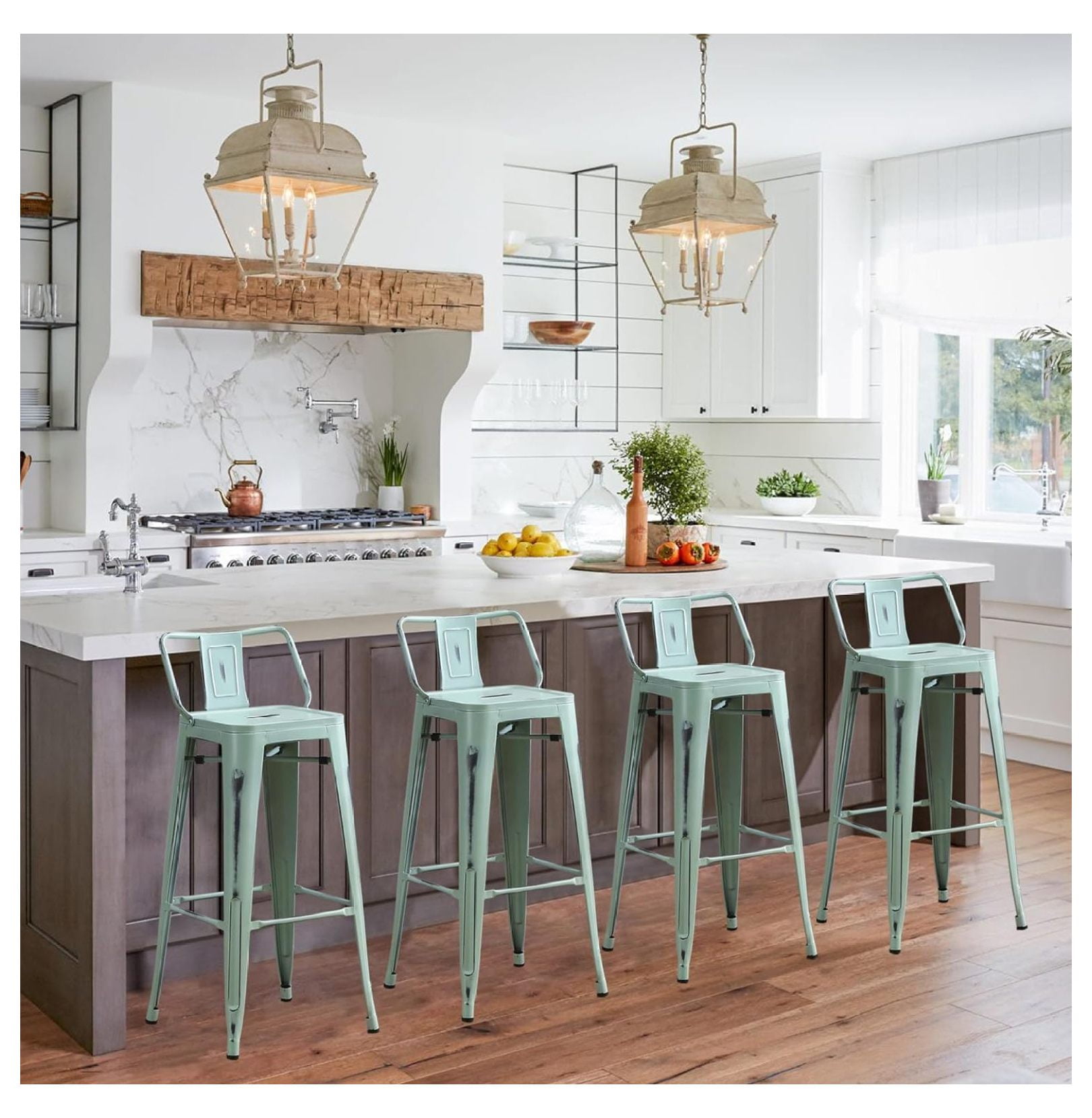 Drevy 30" Low Back Distressed Green-Blue Bar Stools Industrial Metal ...