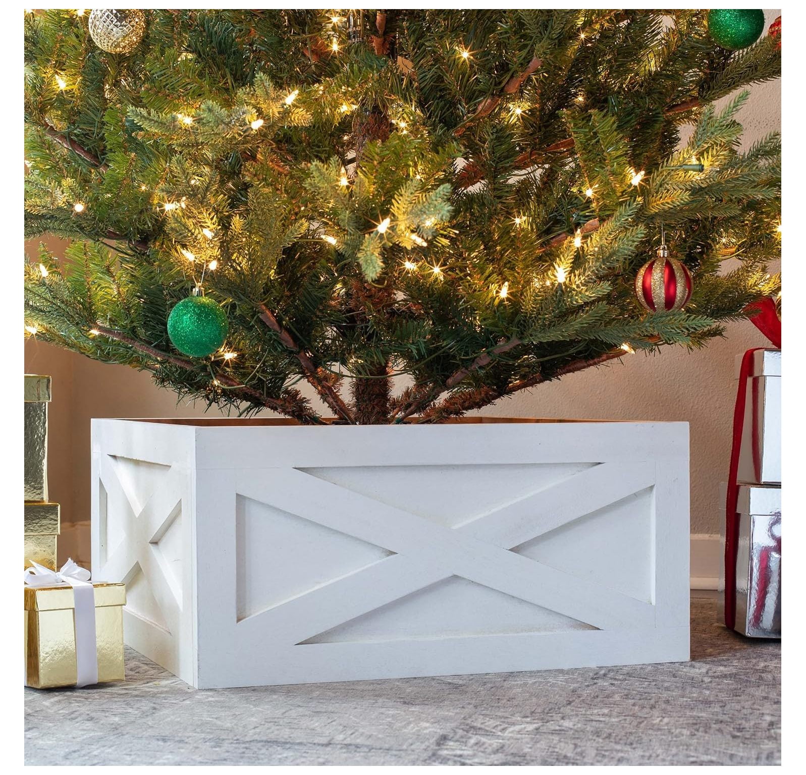 Drevy 4 Panel Christmas Tree Base Box Skirt | White Wash | Stylish and ...
