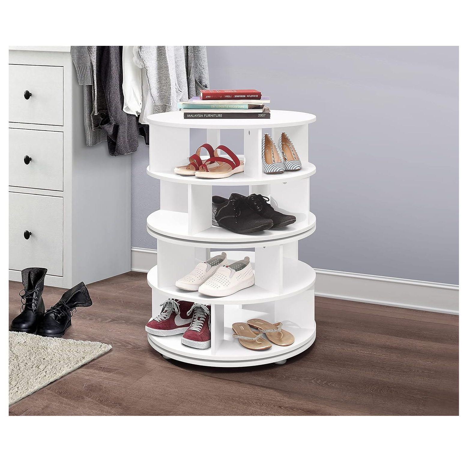 Drevy – 4-Tier Revolving Lazy Susan Shoe Rack Storage Organizer (White ...