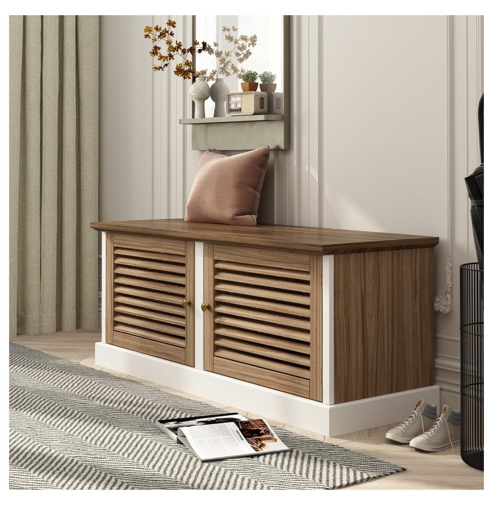 Drevy 43.3" Storage Bench with Louver Doors, Entryway Shoe Bench with ...