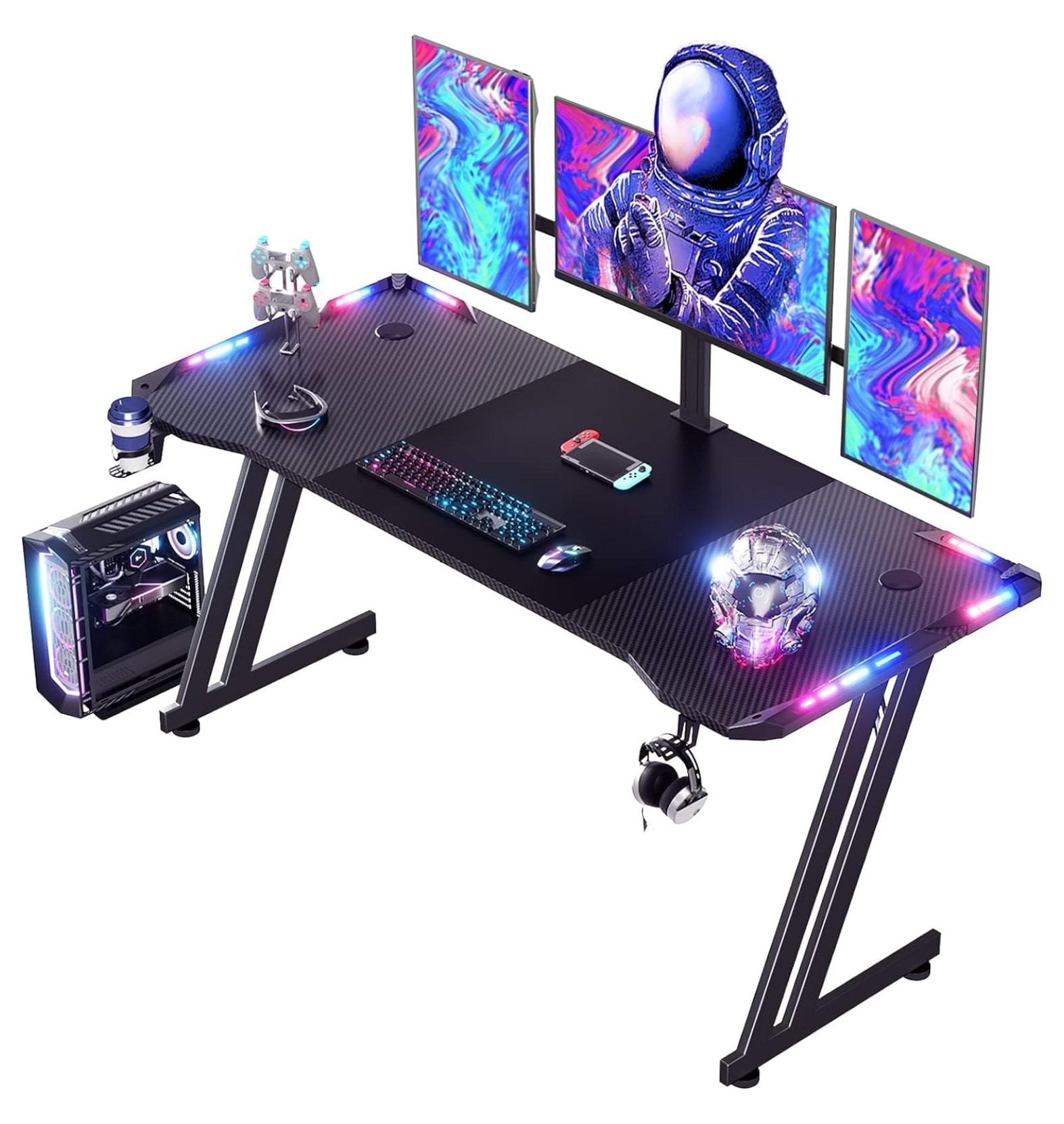 Drevy 63 Inch Gaming Desk with LED Lights Carbon Fibre Surface Gaming ...