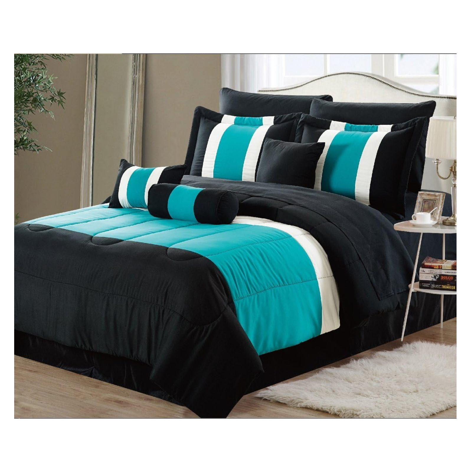 Drevy 8-Piece Oversized Teal Blue & Black Comforter Set Bedding with ...