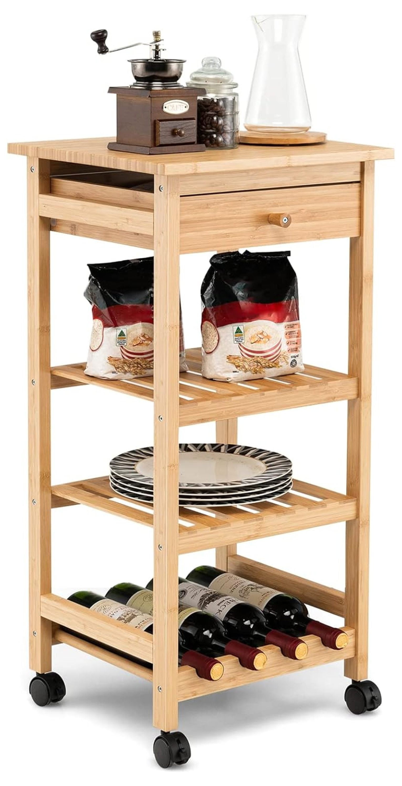 Drevy Bamboo Kitchen Island on Wheels, Rolling Small Storage Cart with ...