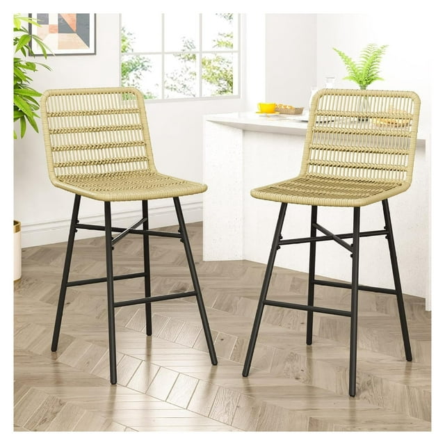 Drevy Indoor High Bar Stools Set of 2, 27'' Rattan Counter Height, Hand ...