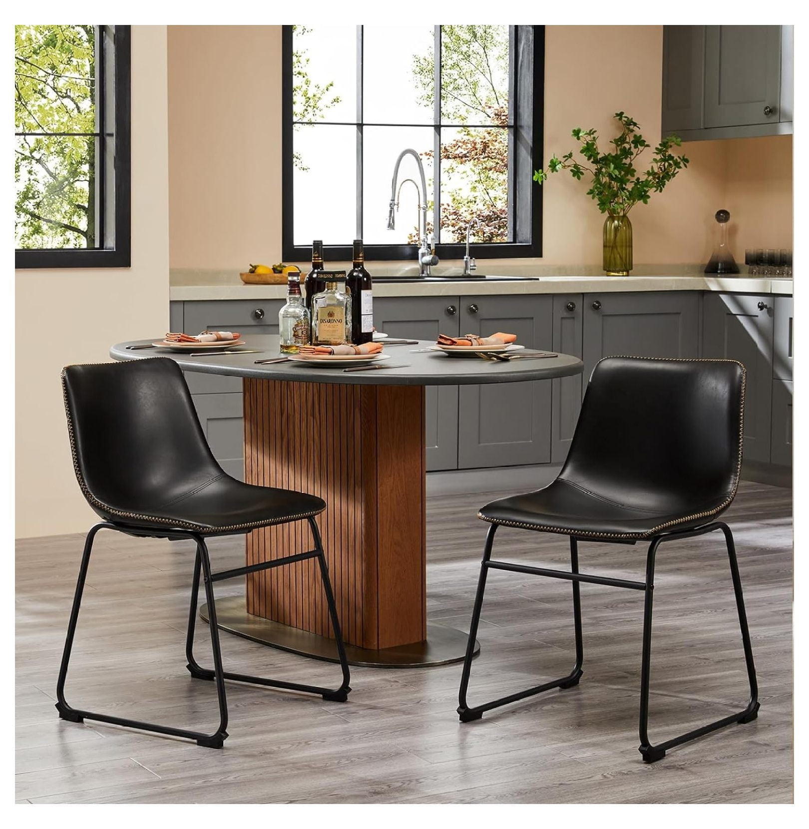 Drevy Bar Stools Set of 2, Leather Barstools Modern Bar Stools with ...