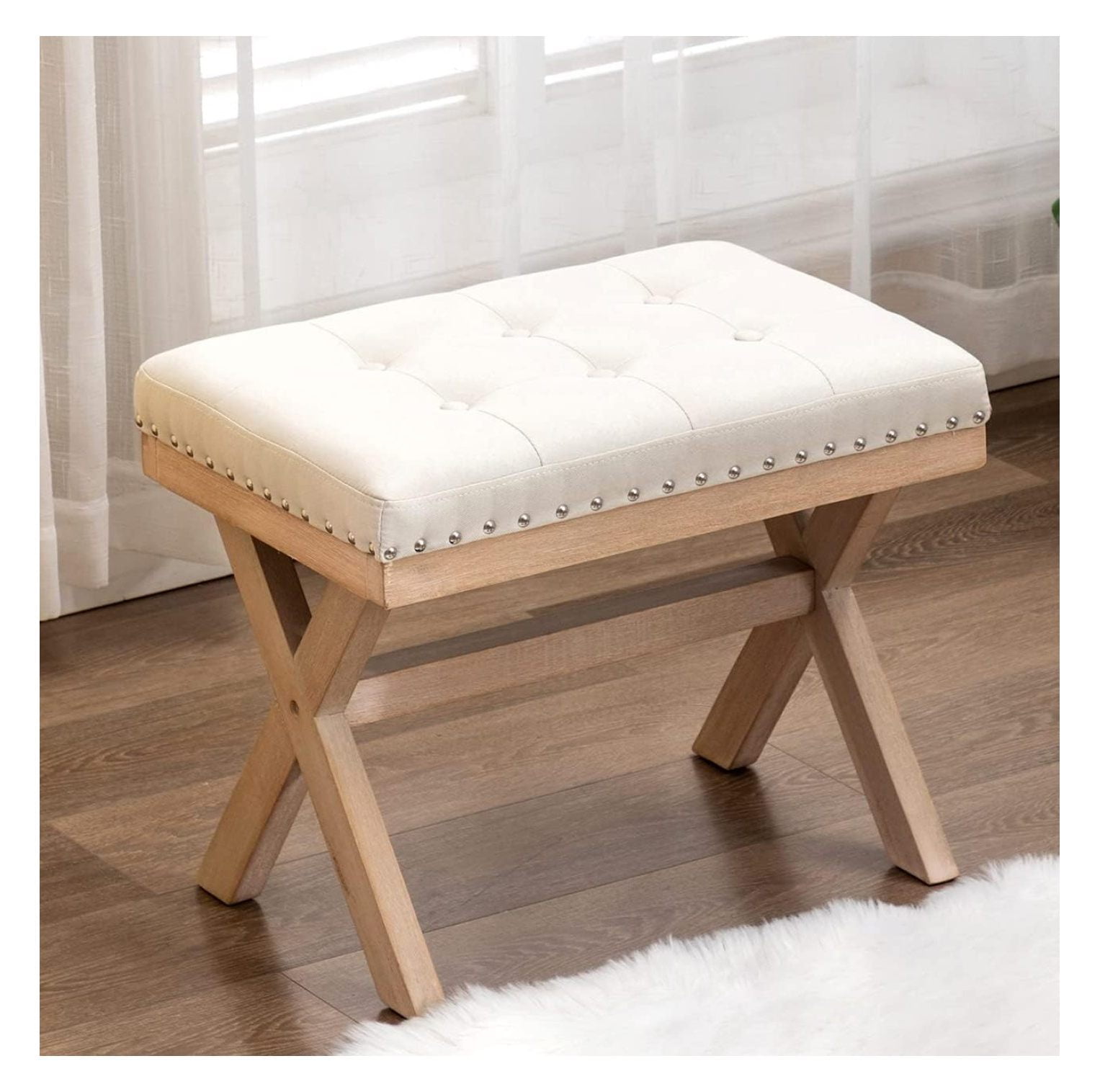 Drevy Bench Ottoman Burlap Linen Fabric Upholstered Entryway Bedroom ...