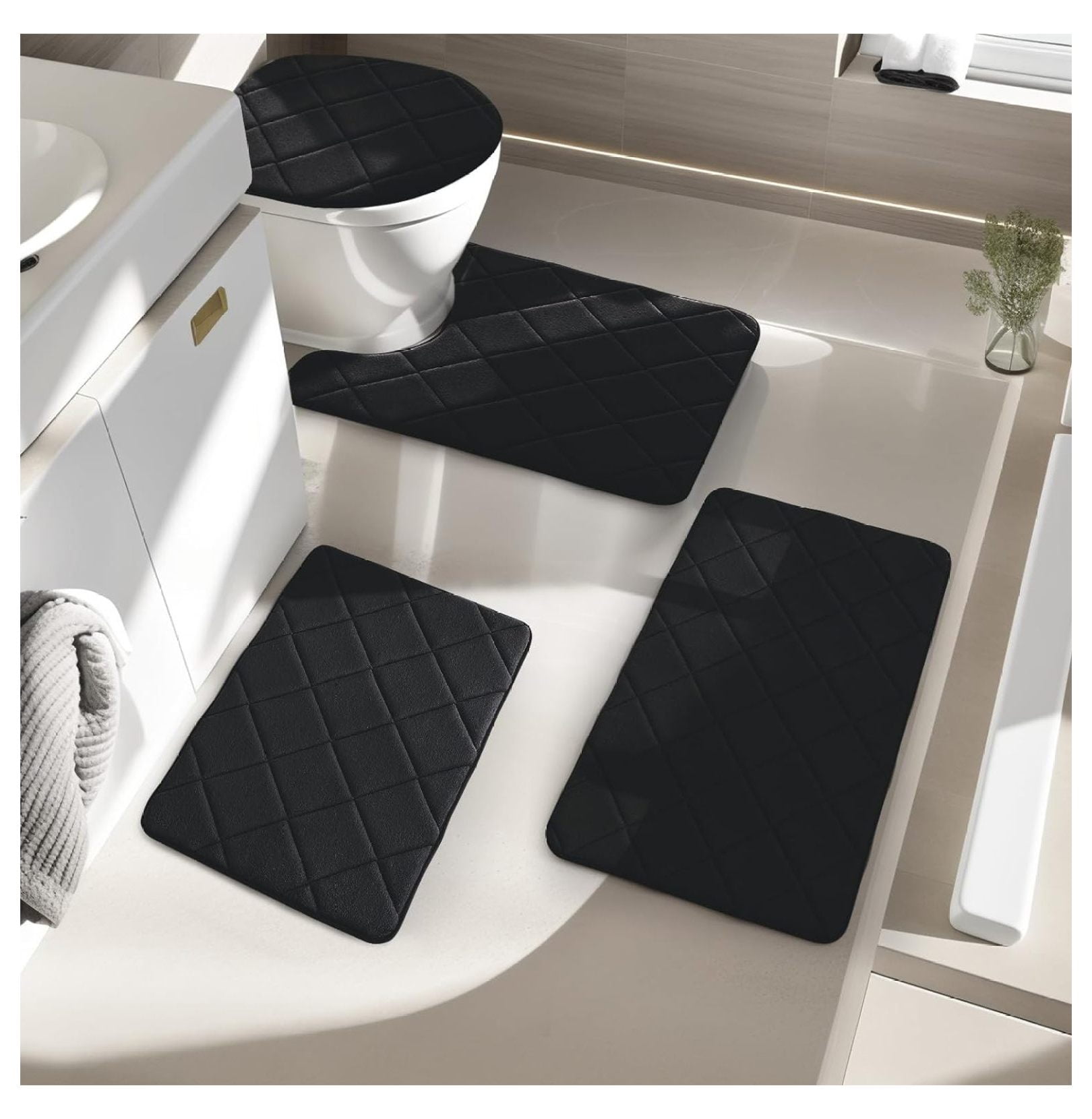 Drevy Black Bathroom Rug Set, Non Slip Memory Foam Bathroom Rugs ...