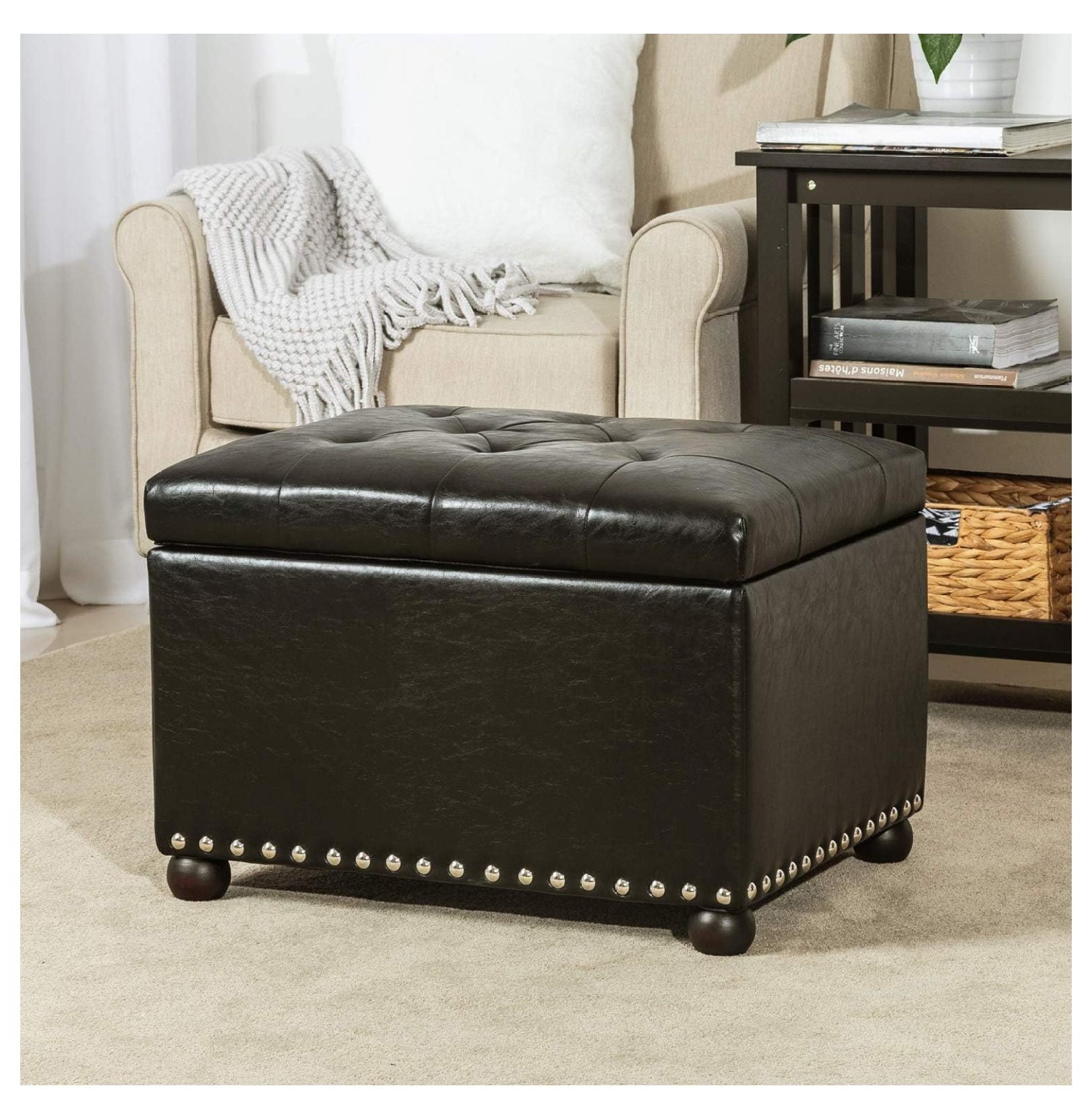 Drevy Bonded Leather Square Tufted Footstool Storage Bench Ottoman ...