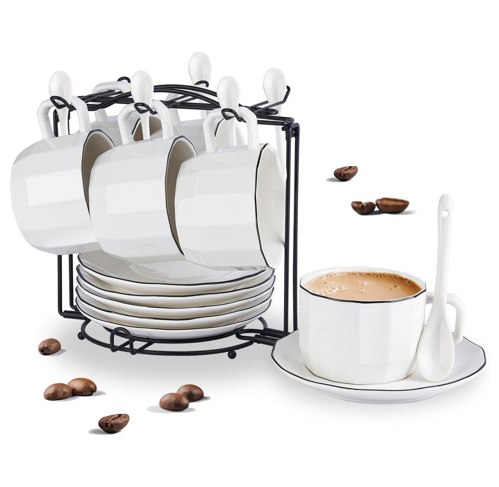 Drevy Cappuccino Cups and Stand Set of 6, 7 oz Porcelain Coffee Cups ...