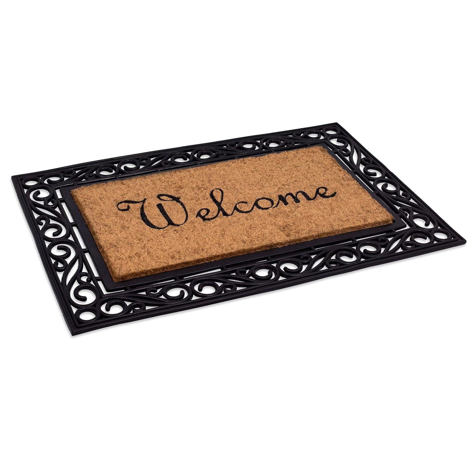 Drevy Classic Welcome Brush Coir Doormat with Black Rubber Scroll ...