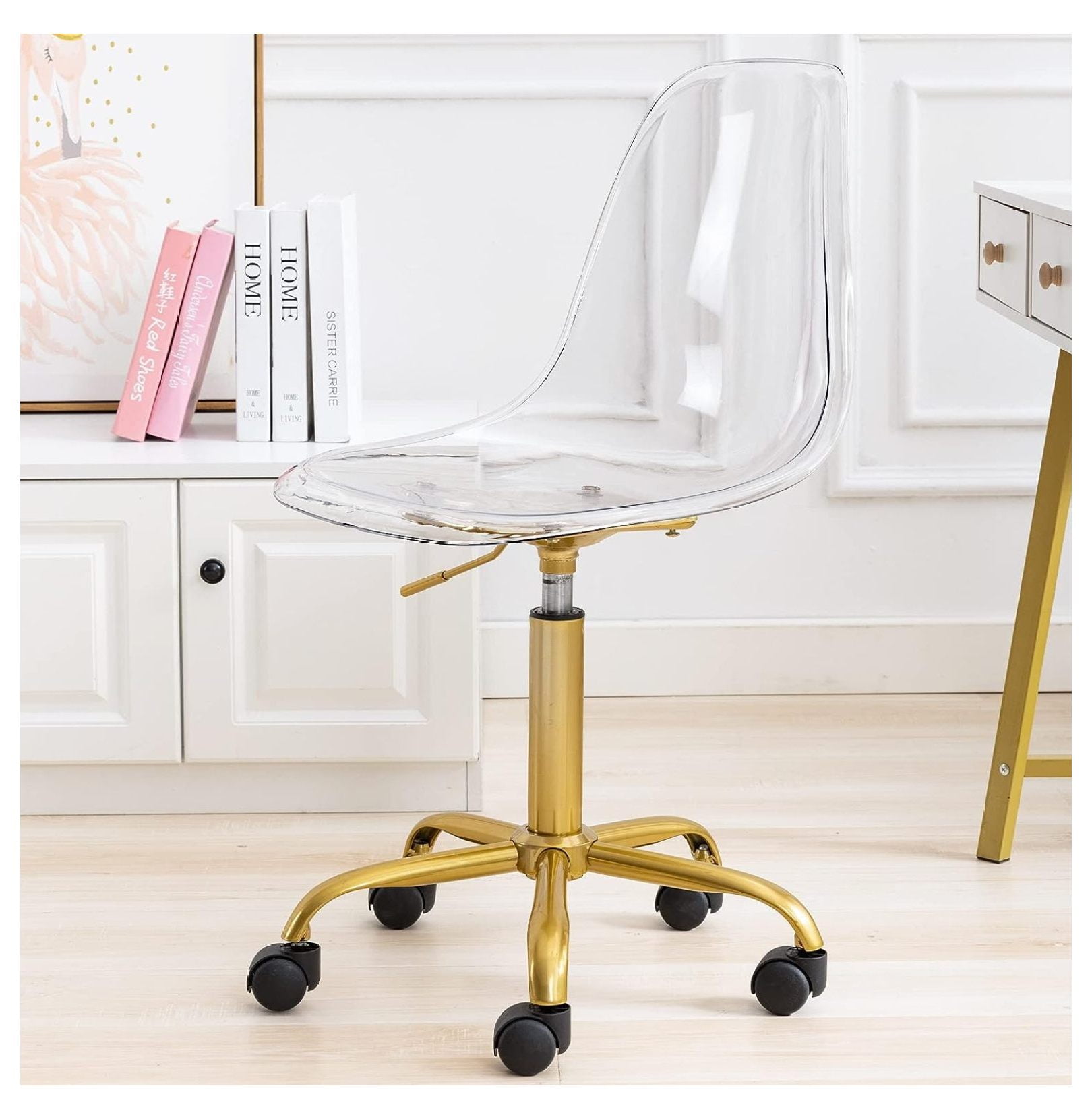 Drevy Clear Rolling Chair, Armless Desk Chair with Golden Feet Swivel ...