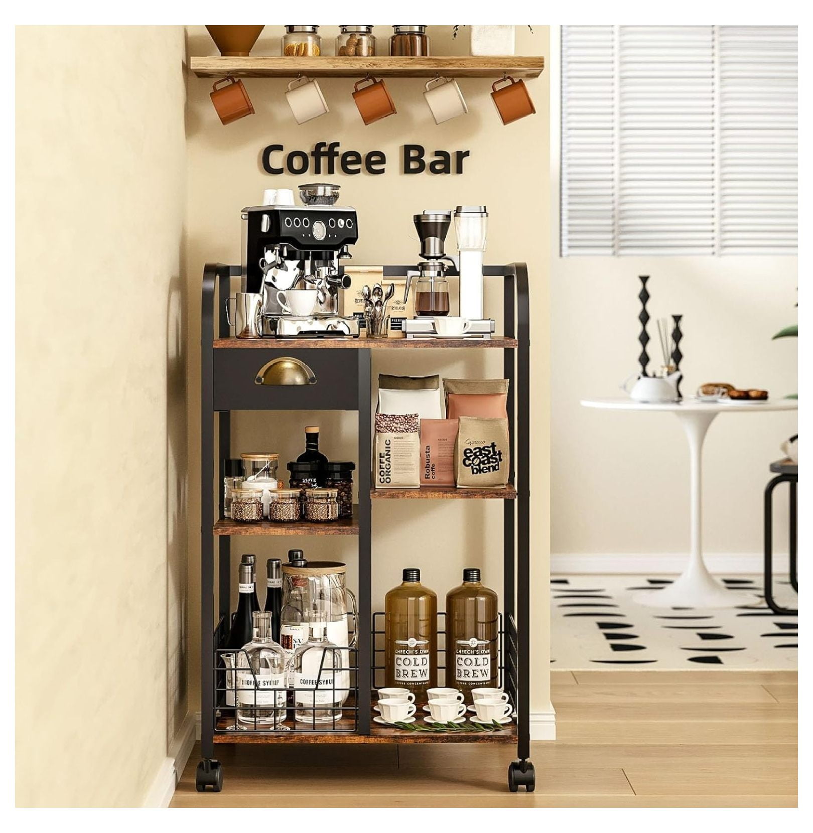 Drevy Coffee Bar with Wheels, Mobile Coffee Table with Storage Drawer ...