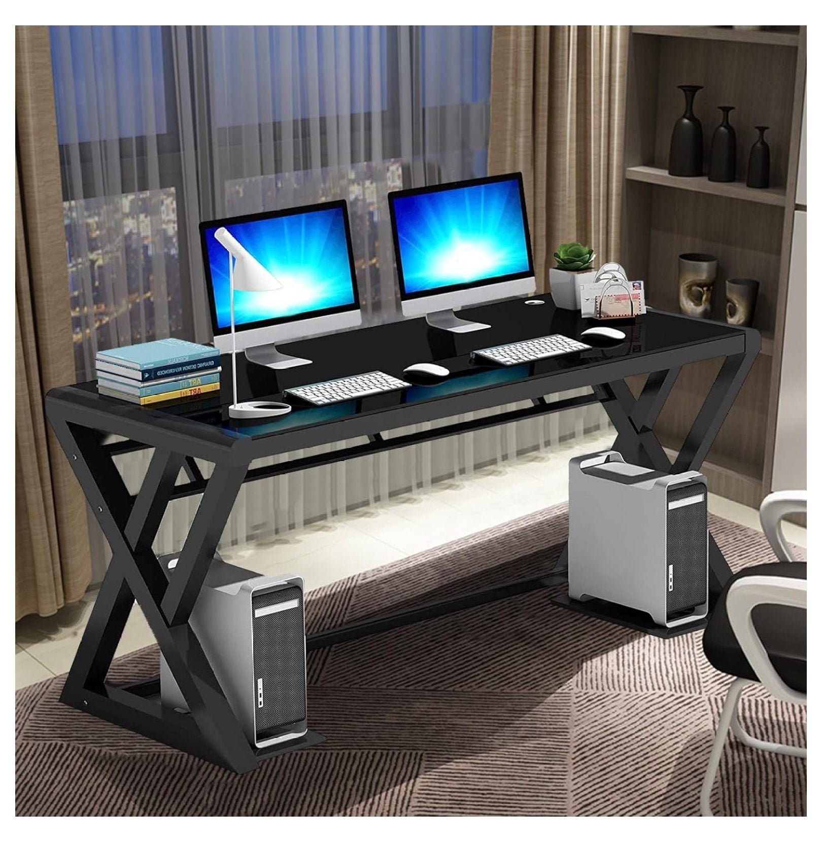 Drevy Computer Desk, Home Office Desks, Modern Glass Top X-Frame Metal ...