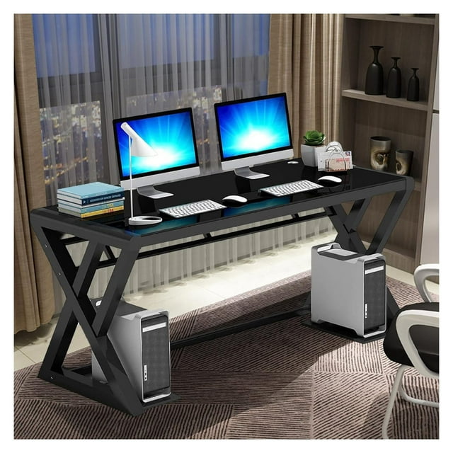 Drevy Computer Desk, Home Office Desks, Modern Glass Top X-Frame Metal ...