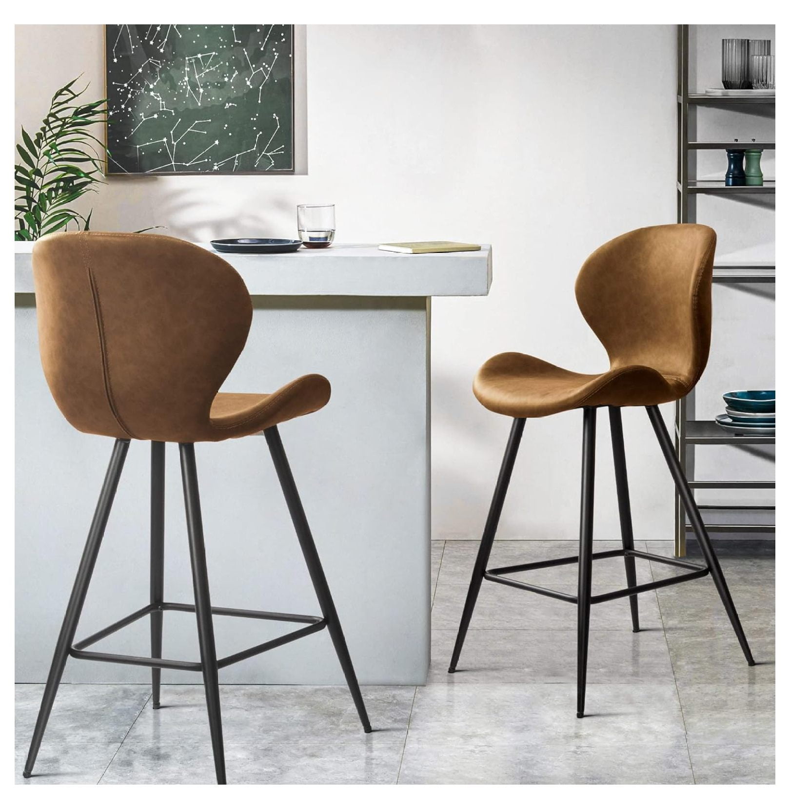 Drevy Counter Height Bar Stools Set of 2 with Back, Century Modern PU Leather 26" Kitchen Island ...