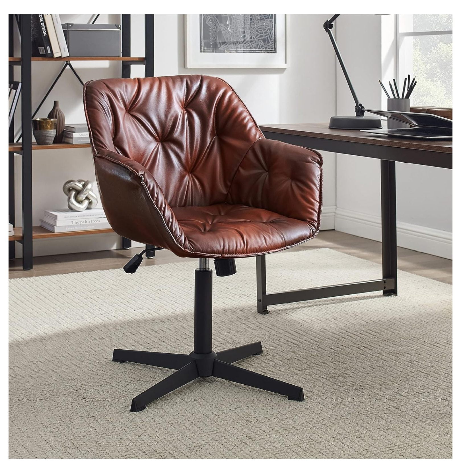 Drevy Desk Chair No Wheels, Century Faux Leather Home Office Chair ...