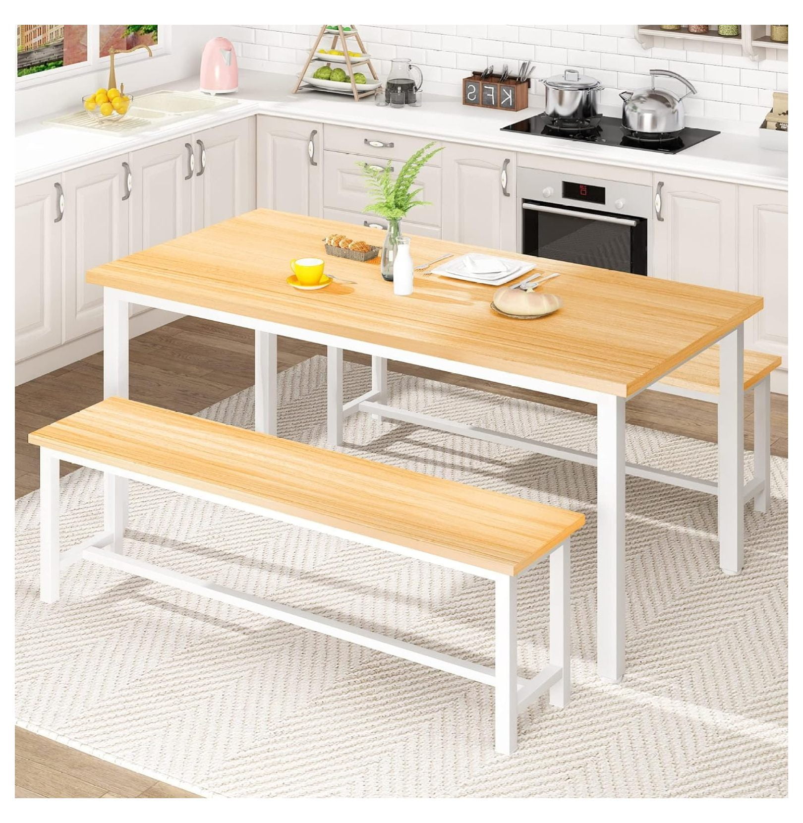 Drevy Dining Room Table Set, Kitchen Table Set with 2 Benches, Ideal ...