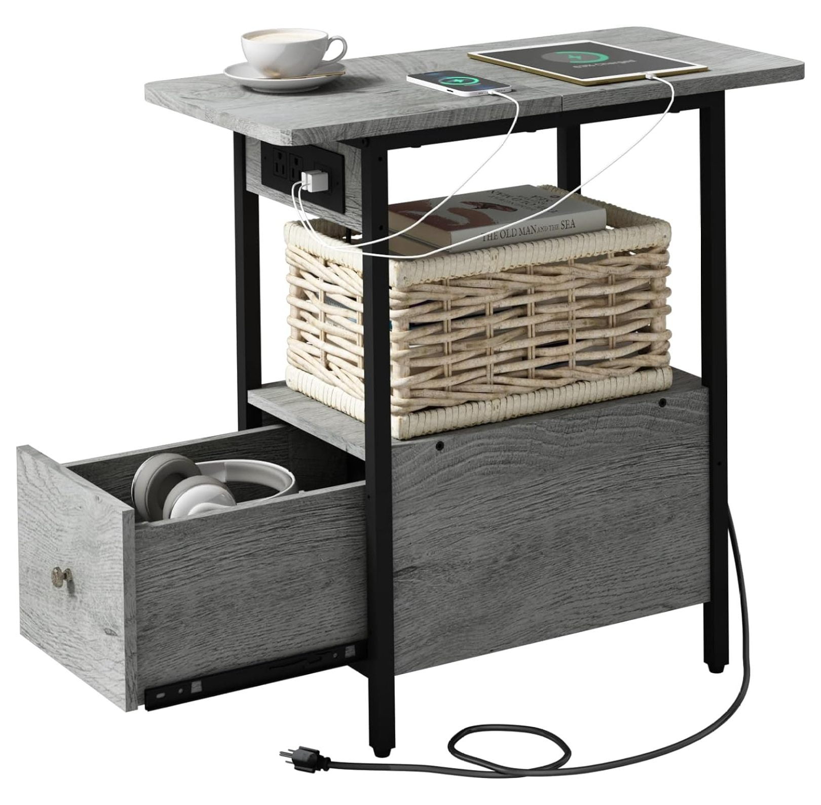 Drevy End Table with Charging Station, Narrow Side Table with Drawer ...