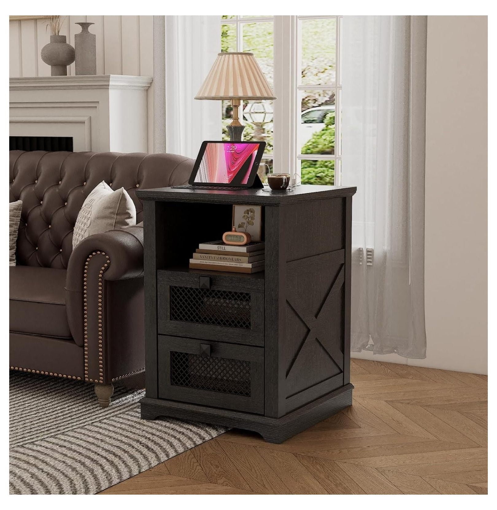 Drevy End Table with Charging Station, Nightstand with 2 Drawers & Open ...