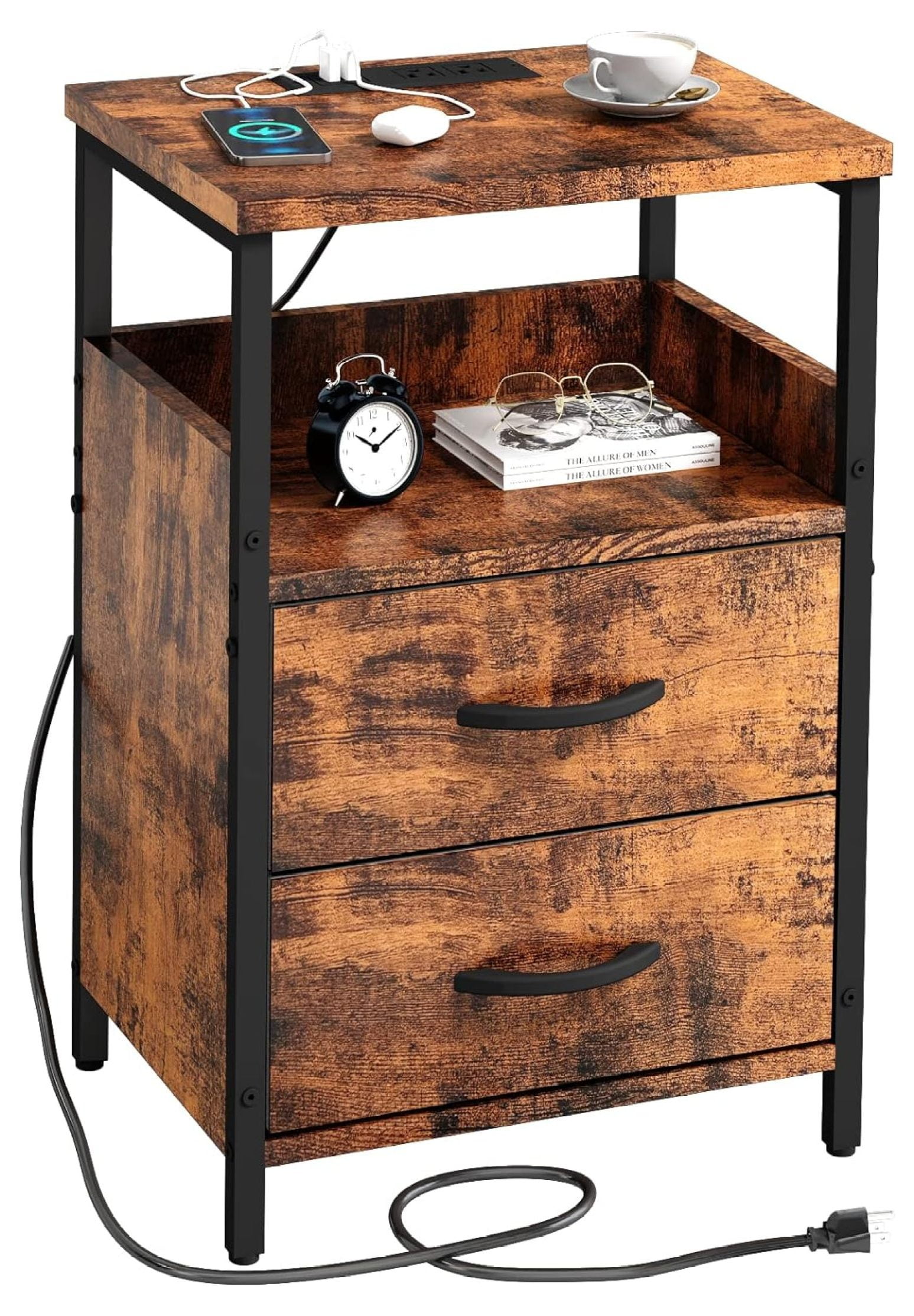 Drevy End Table with Charging Station, Nightstand with Fabric Drawer ...