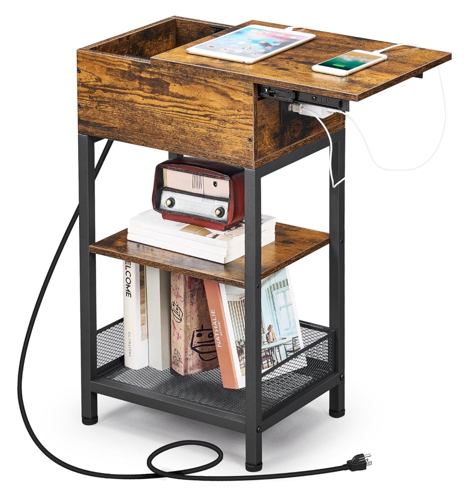 Drevy End Table Side Table with Charging Station and USB Ports & Power ...