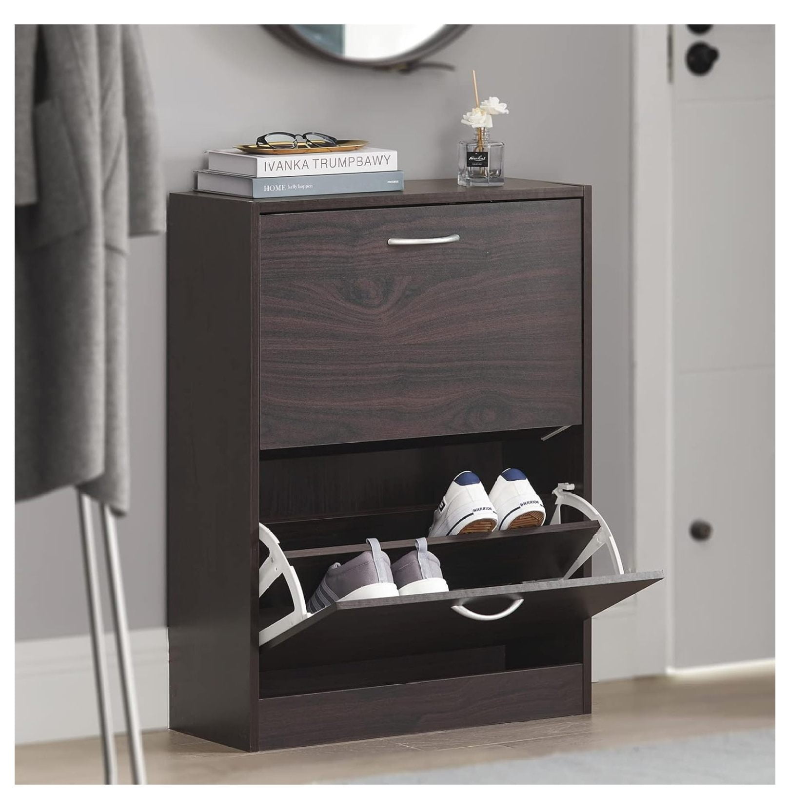 Drevy FSR110-K-BR, Brown Shoe Cabinet with 2 -Drawers, Freestanding ...
