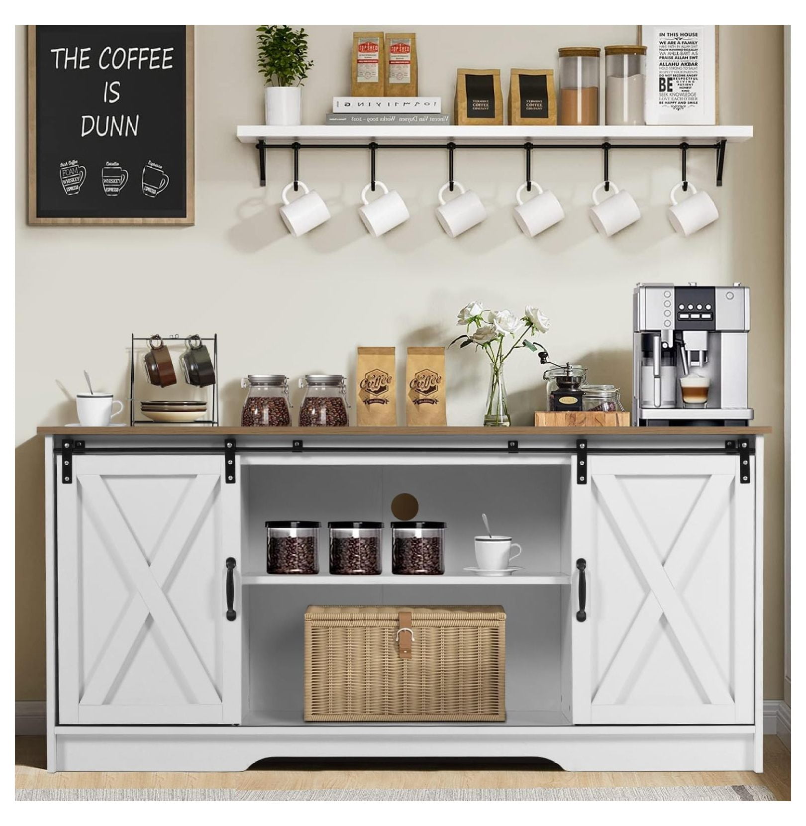 Drevy Farmhouse Coffee Bar Cabinet with Storage, 59’’ Kitchen Buffet ...