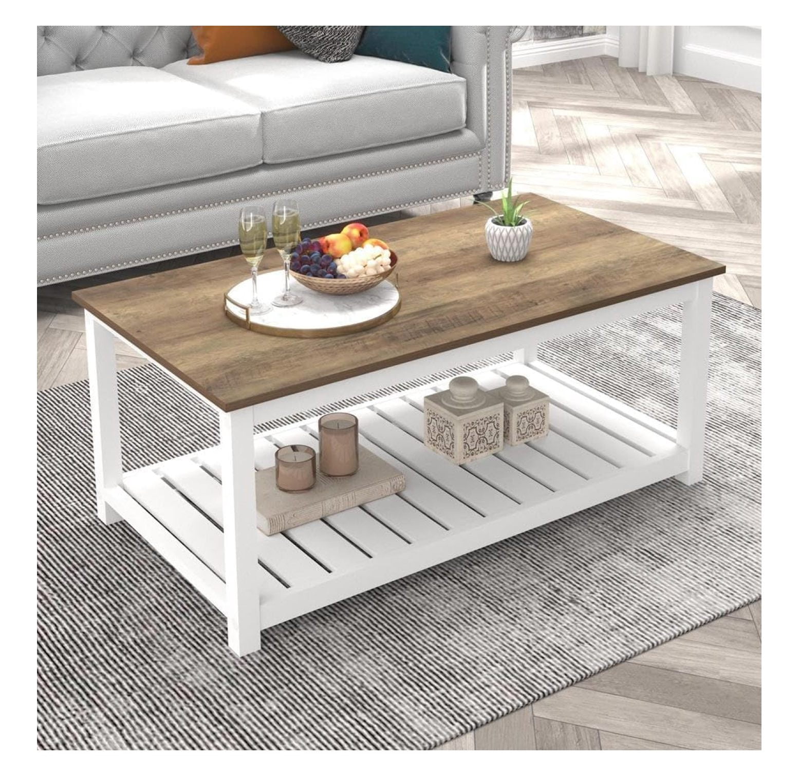 Drevy Farmhouse Coffee Table with Storage Shelf, Rustic Vintage Wood ...