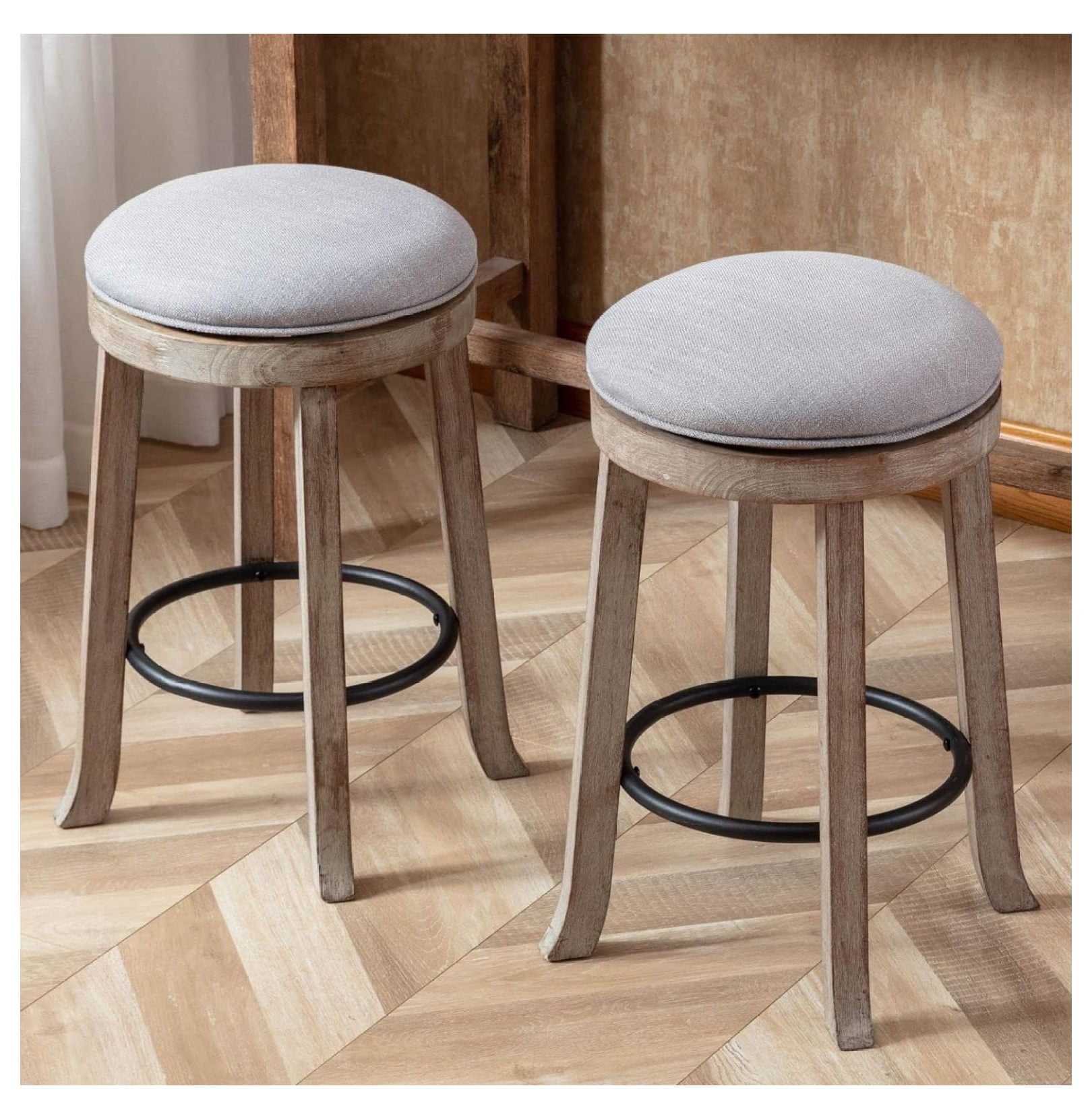 Drevy Farmhouse Linen Fabric Round Bar Stools Set of 2, 360° Swivel 25. ...