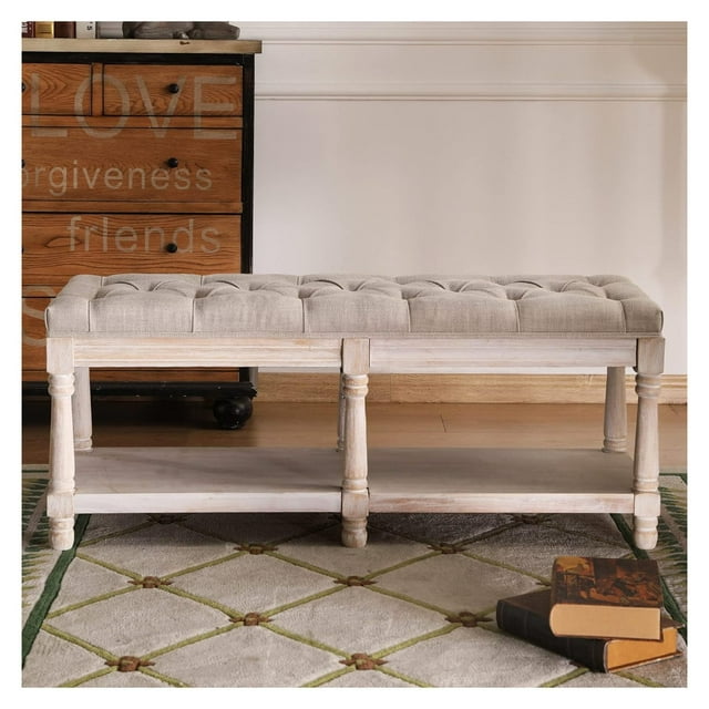 Drevy Farmhouse Storage Bench Wooden Entryway Upholstered Tufted ...