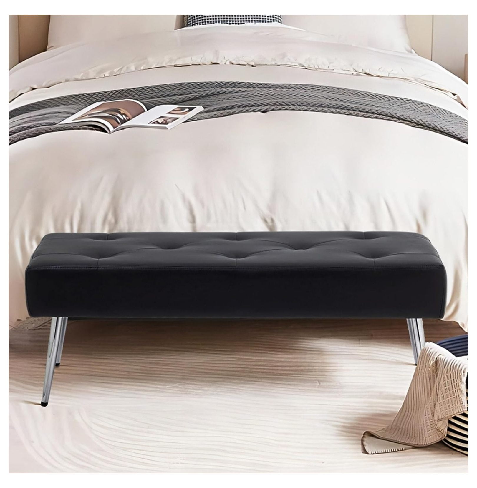 Drevy Faux Leather Bench Ottoman, Tufted Button Bedroom Benches ...