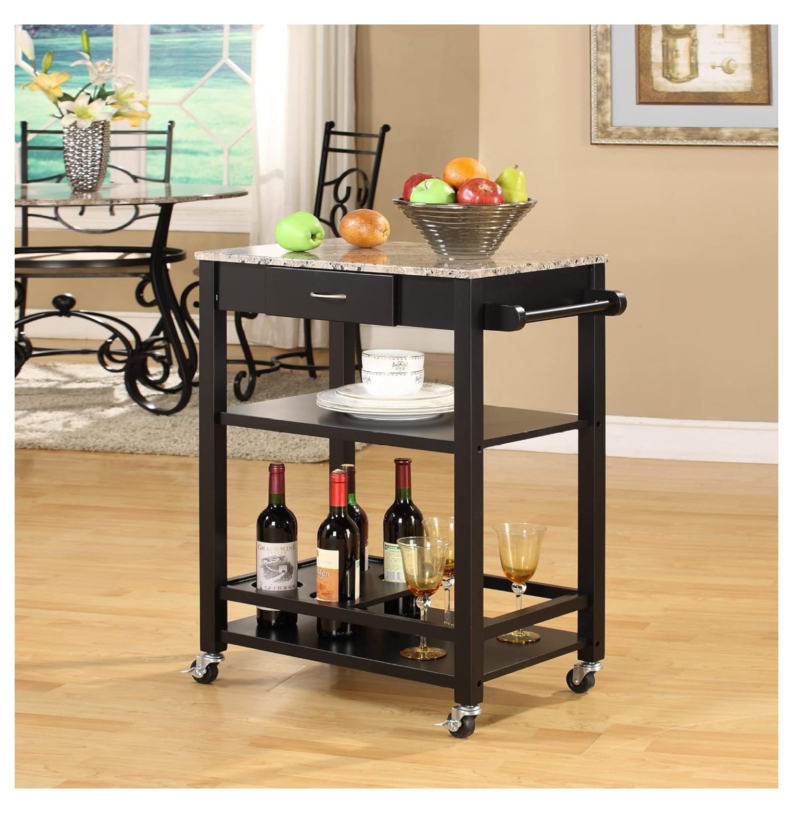 Drevy Faux Marble with Wood Kitchen Buffet Serving Cart, Black Finish ...