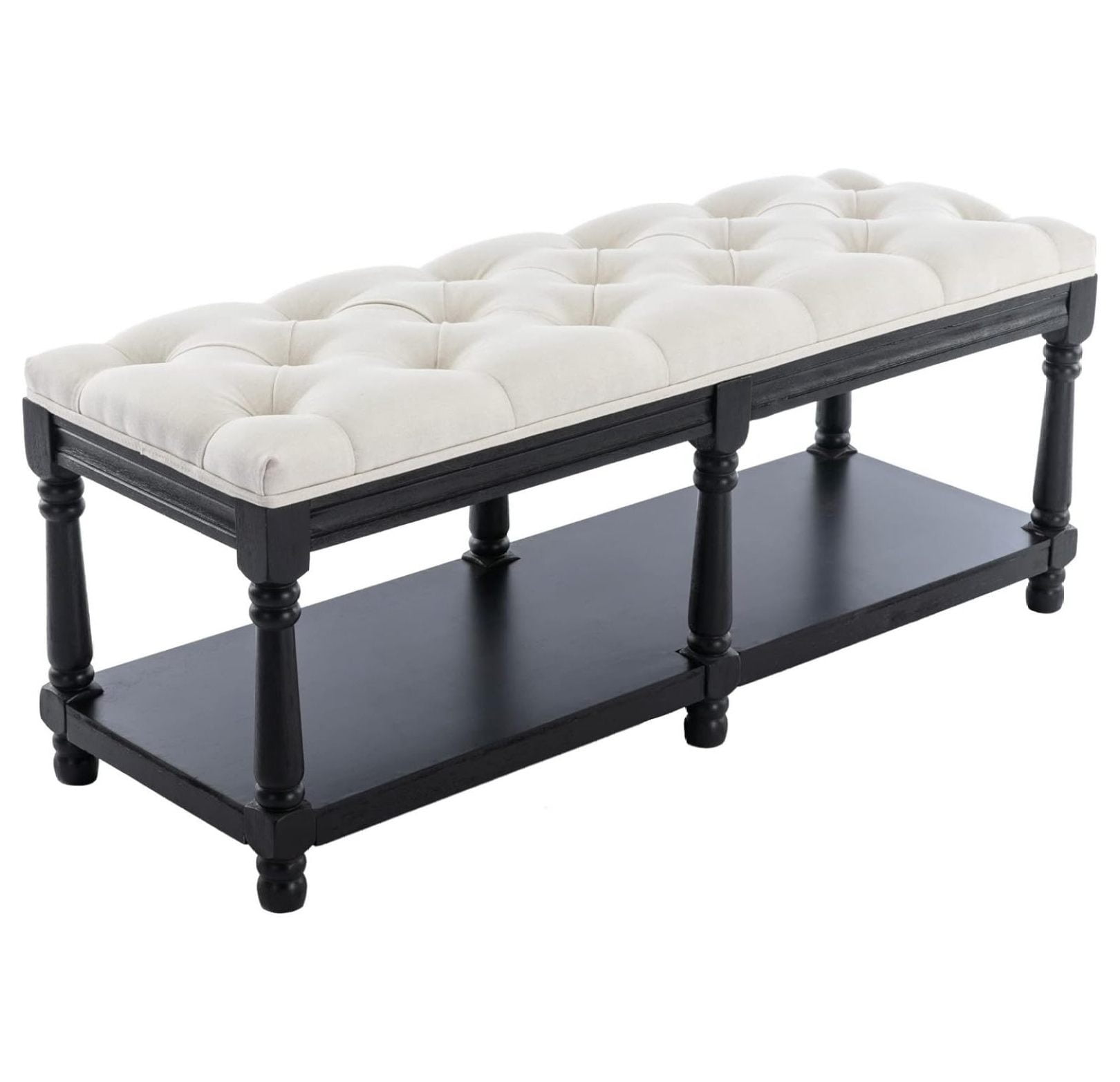 Drevy French Storage Wood Bench, Upholstered End of Bed Shoe Bench 45 ...
