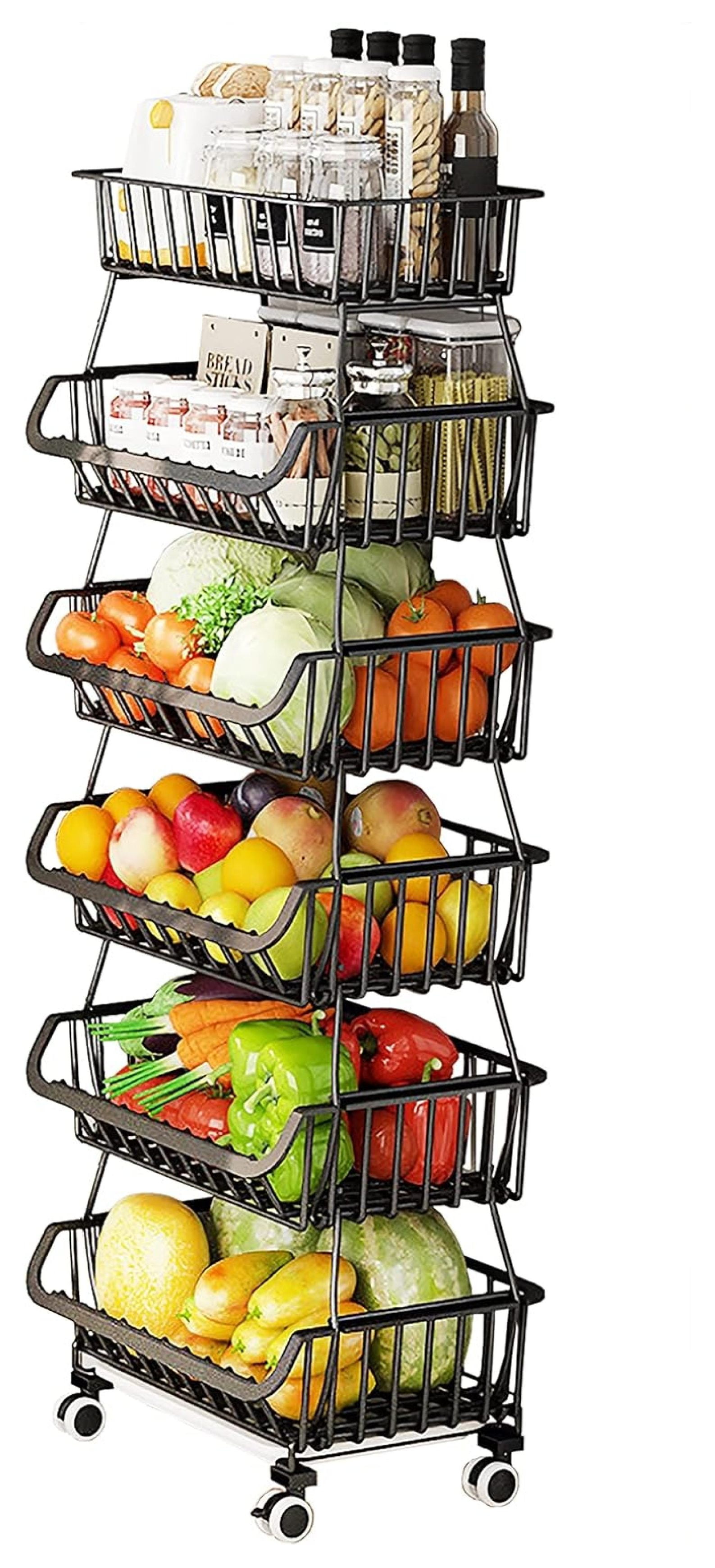 Drevy Fruit Vegetable Storage Baskets with Wheels, 6 Tier Stackable ...