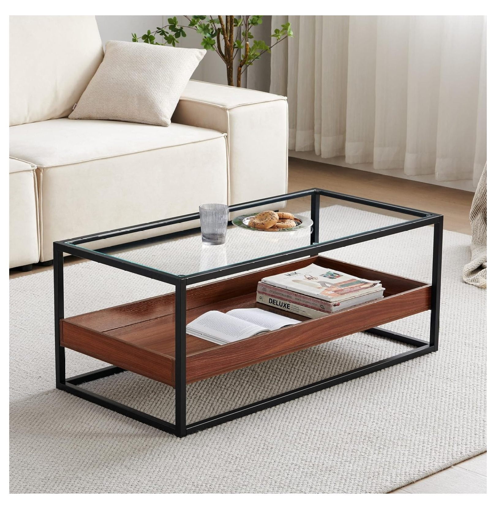 Drevy Glass Coffee Table, Dual-Layer Coffee Table for Living Room ...
