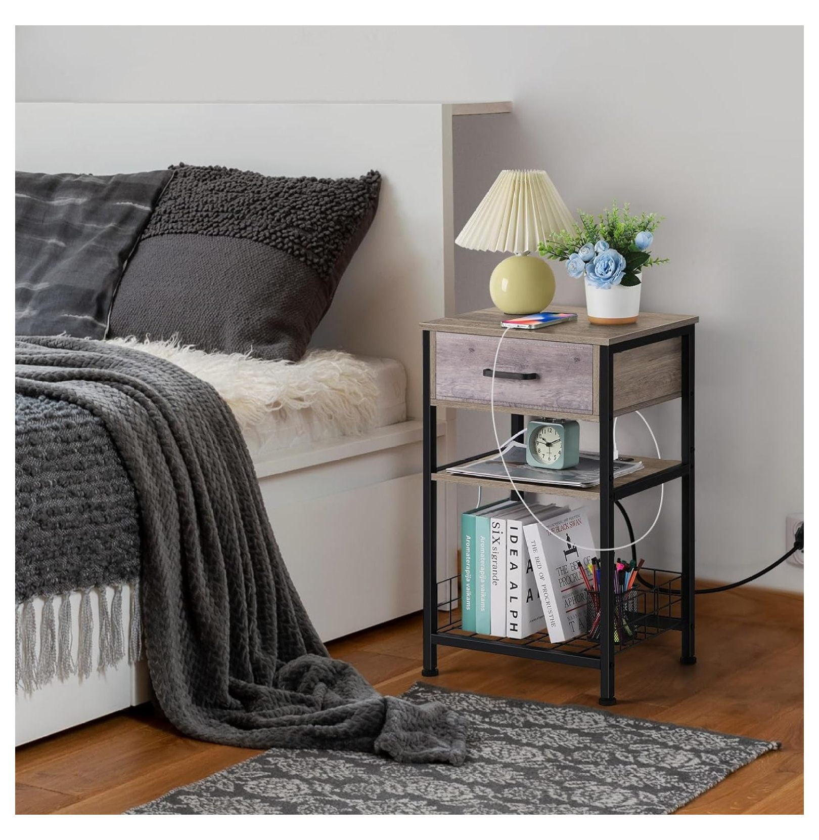 Drevy Gray Night Stand with Drawers, Small End Bedside Table with ...